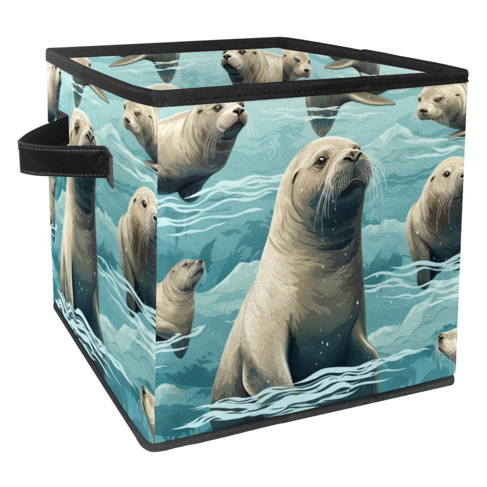 Sea Lion Storage Containers Foldable Basket with Handle, 10.8"x10.5"x10 ...