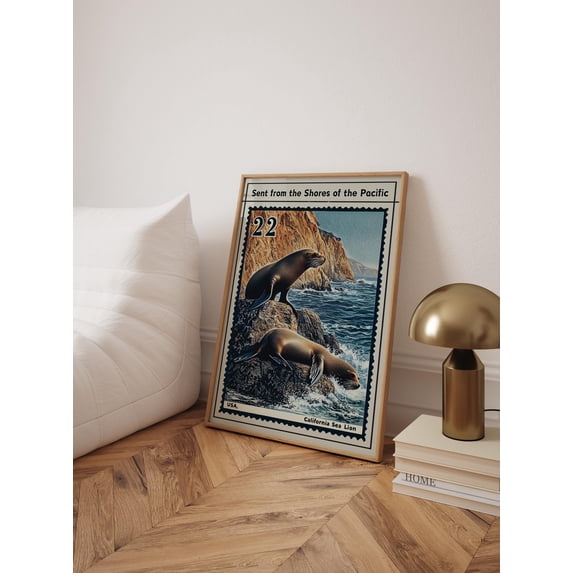 Sea Lions Postal Stamp Art Vintage Coastal Kitchen Print Home Decor ...