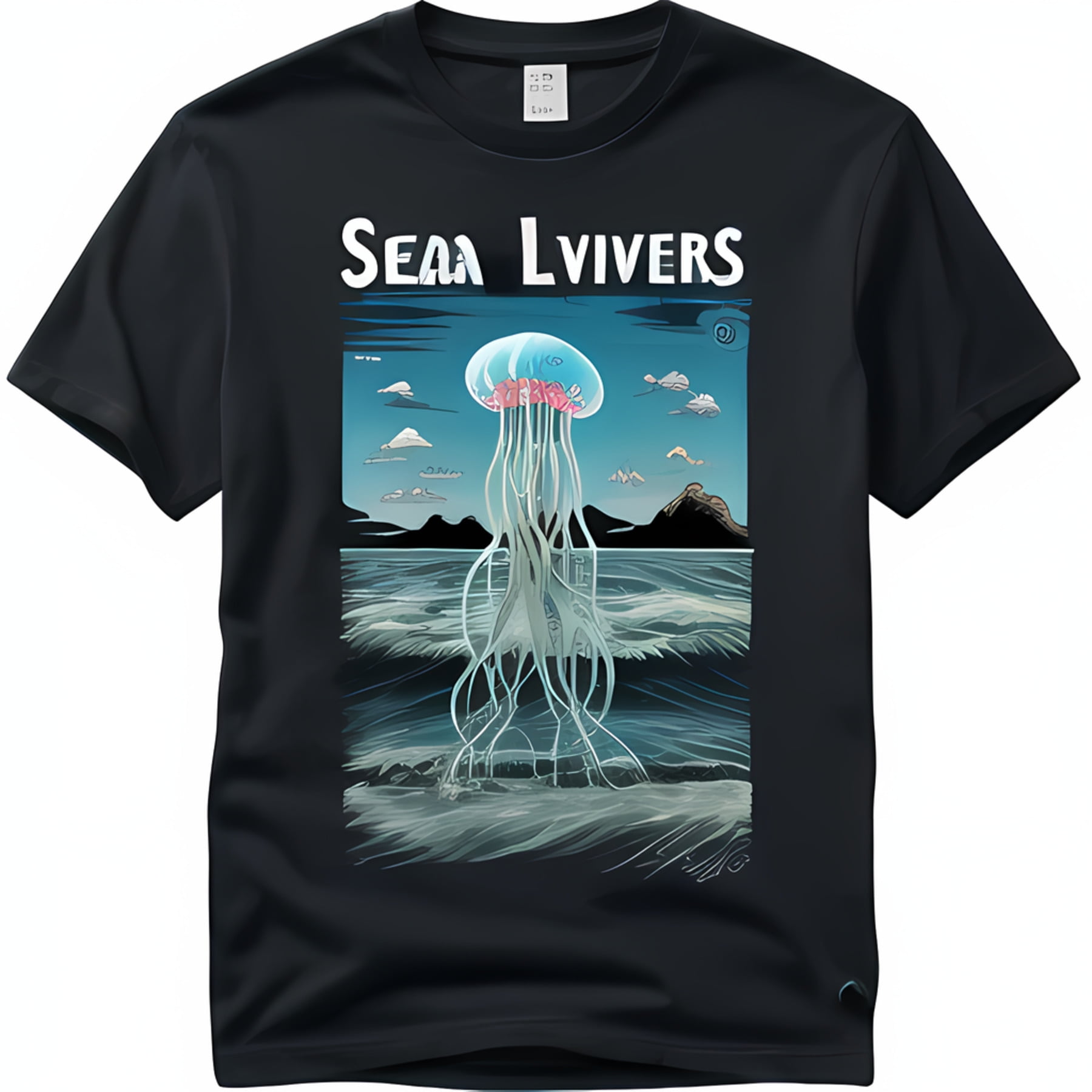 Sea Lovers Black T-Shirt with Jellyfish and Ocean Waves Illustration ...