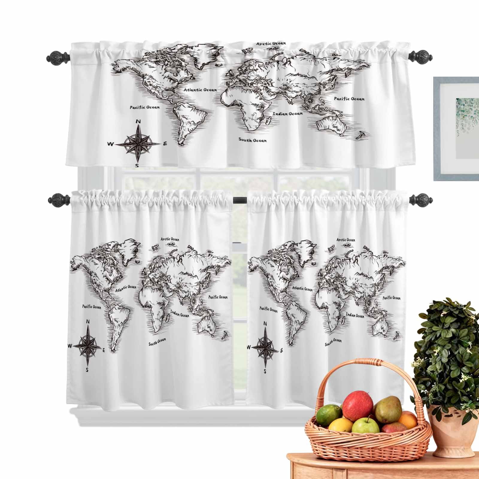 Sea Map Kitchen Curtains Valances 3 Piece Set, Vintage Black White ...