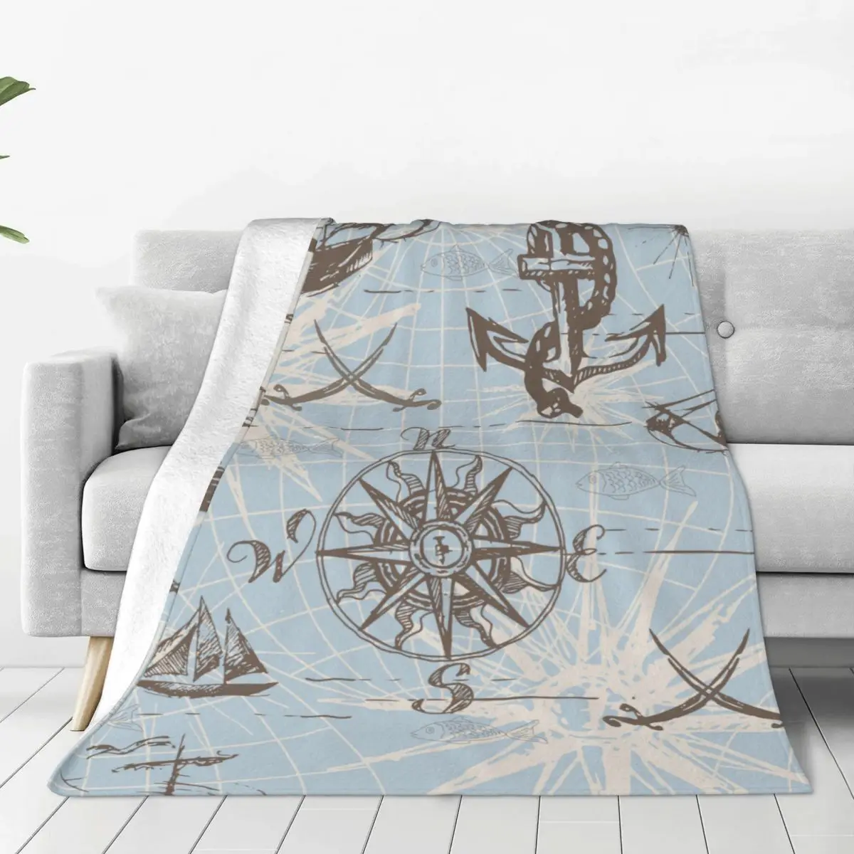 Sea Map Nautical Symbol Knitted Blanket Fleece Sailing Yachts Routs ...