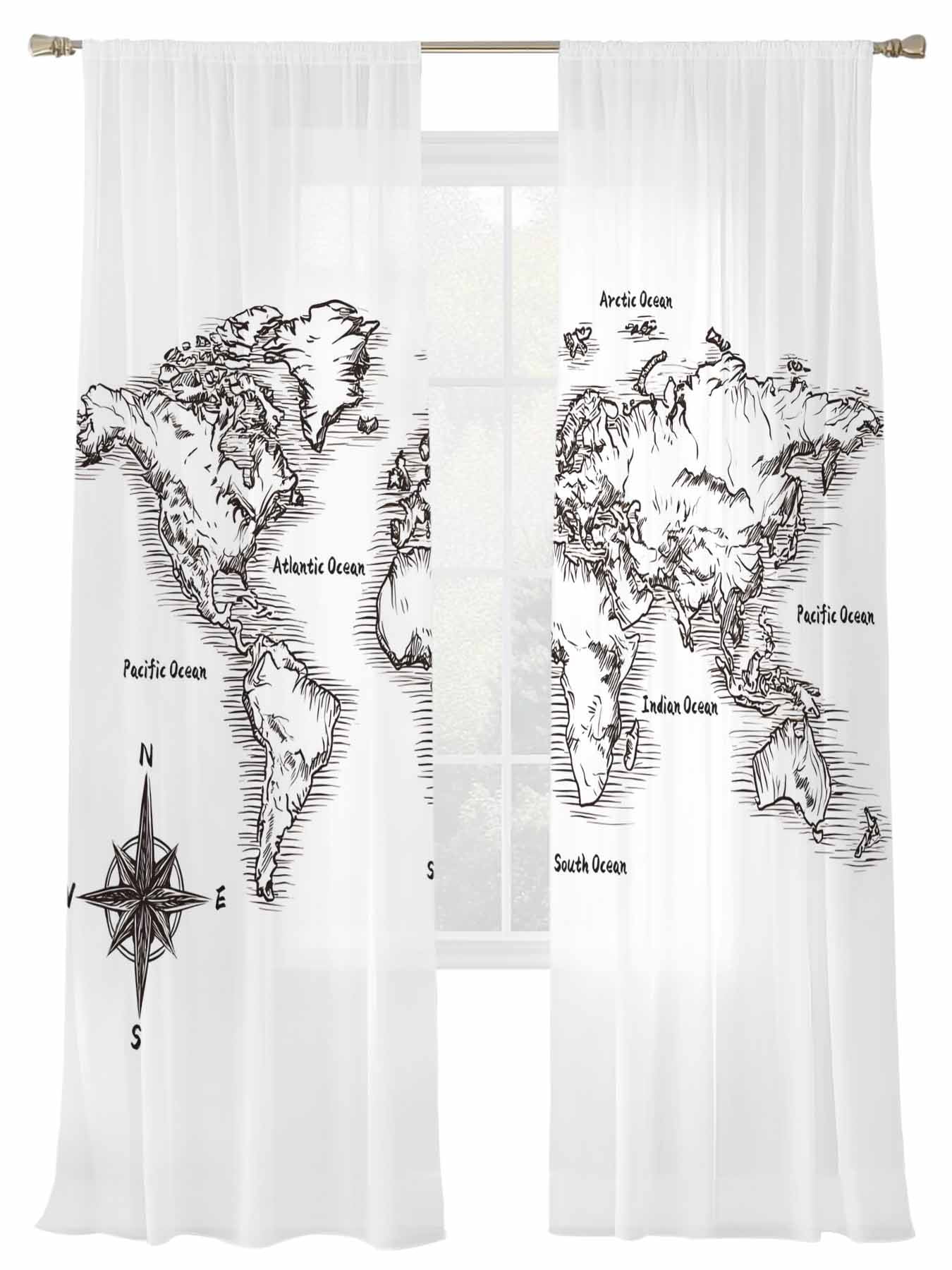 Sea Map Sheer Curtains for Living Room Bedroom, Vintage Black White ...
