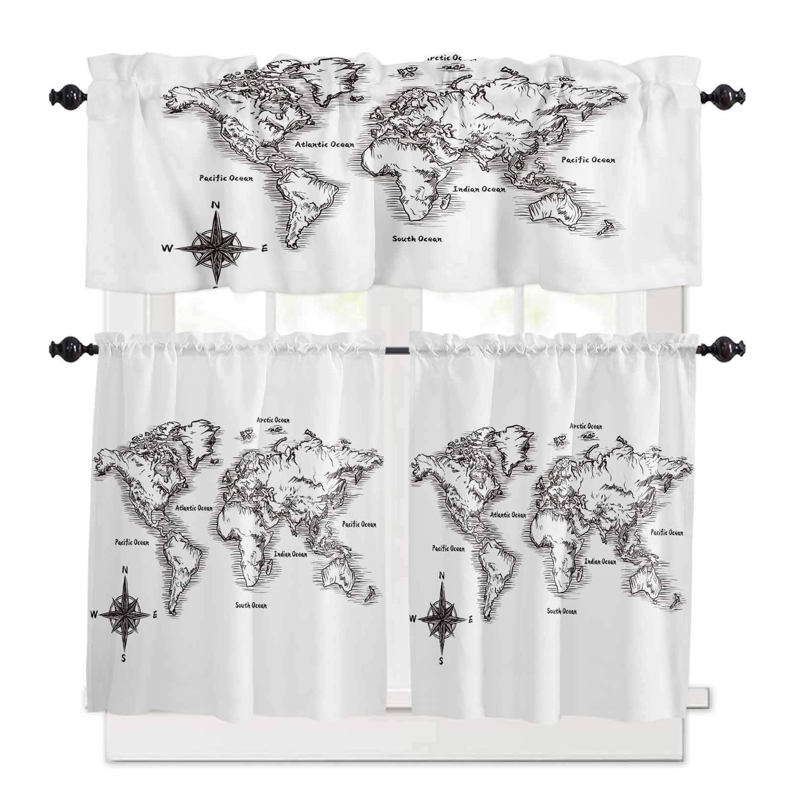 Sea Map Window Curtains Valance Set of 3 Vintage Black White Nautical ...