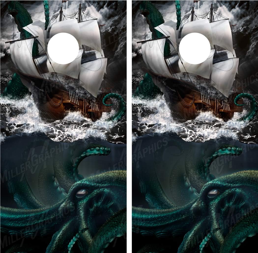 Sea Monster Kraken Nautical Ship Laminated Cornhole Board Decal Wraps ...