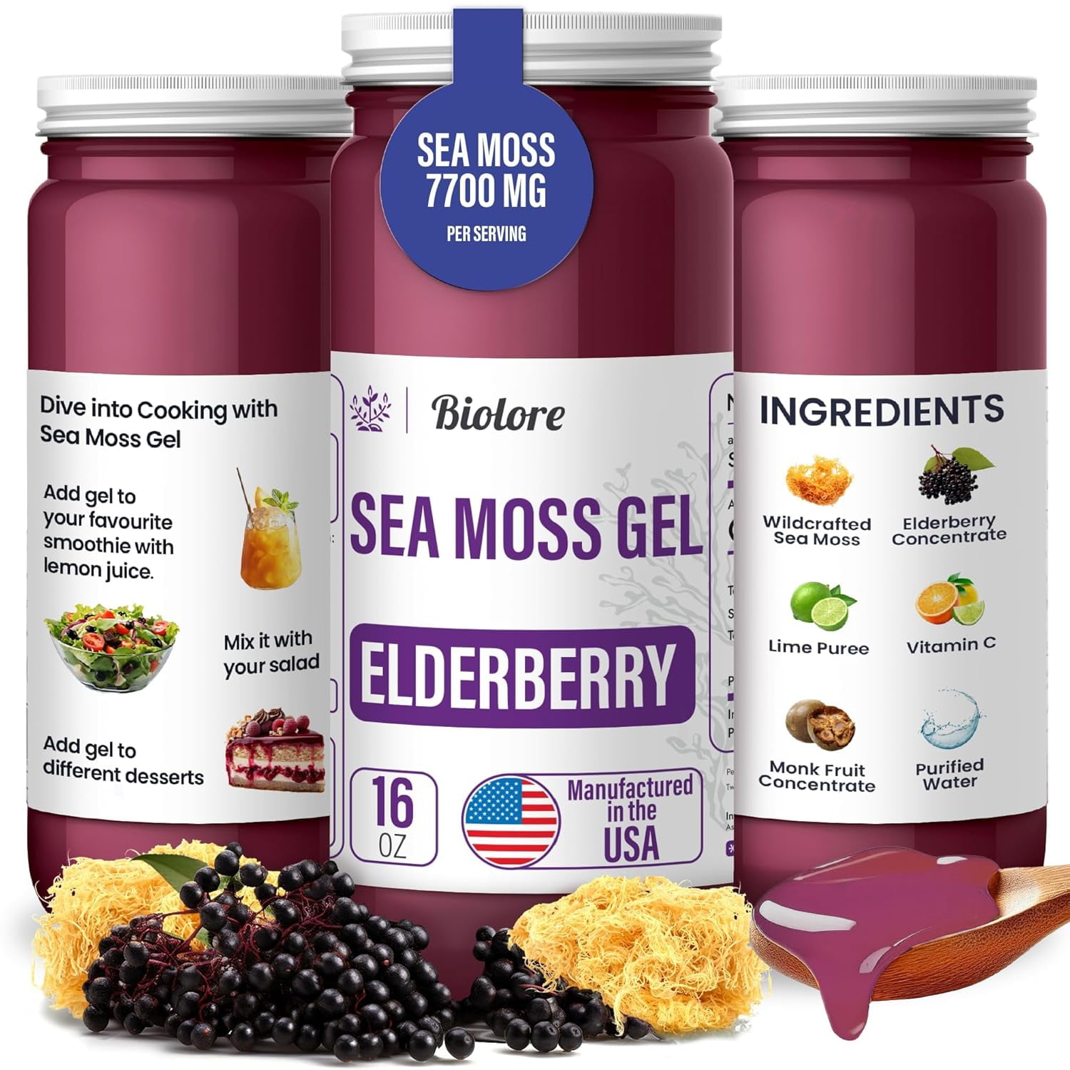 Sea Moss Gel 7700mg Elderberry 750mg Made in USA Raw Wildcrafted Irish ...