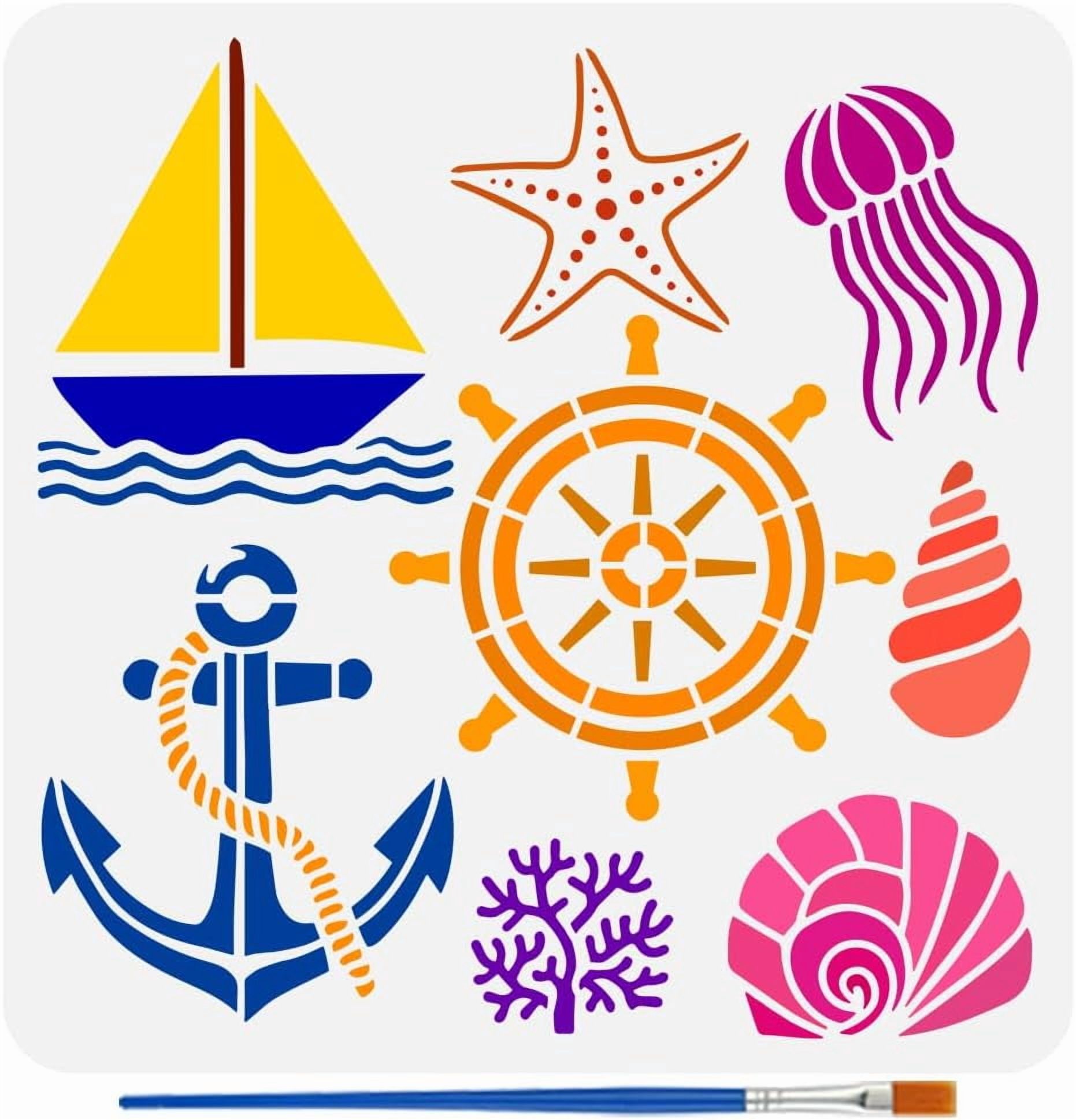 Sea Motifs Stencils with a Paint Brush 11.8x11.8Inch Rudders Anchors ...