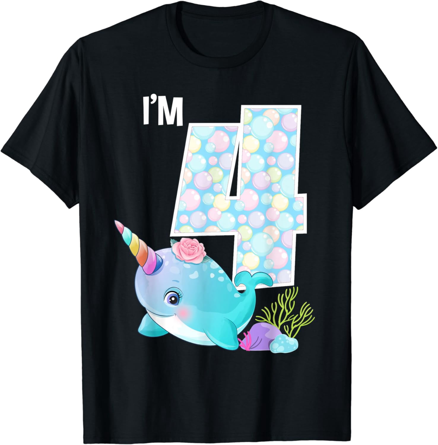 Sea Narwhal Birthday I'M 4 Underwater Ocean Theme 4Th Bday T-Shirt ...
