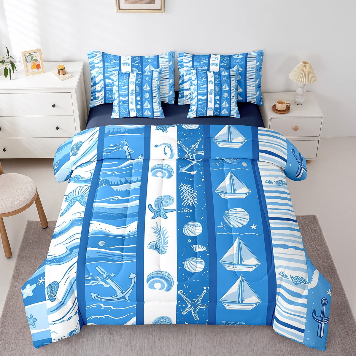Sea Ocean Theme Bedding Set Twin Size,Seashell Conch Anchor Starfish ...