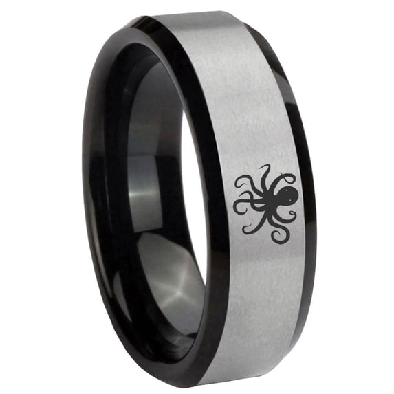 Sea Octopus Beveled Edge Gray And Black Tungsten Men Ring 10MM ...
