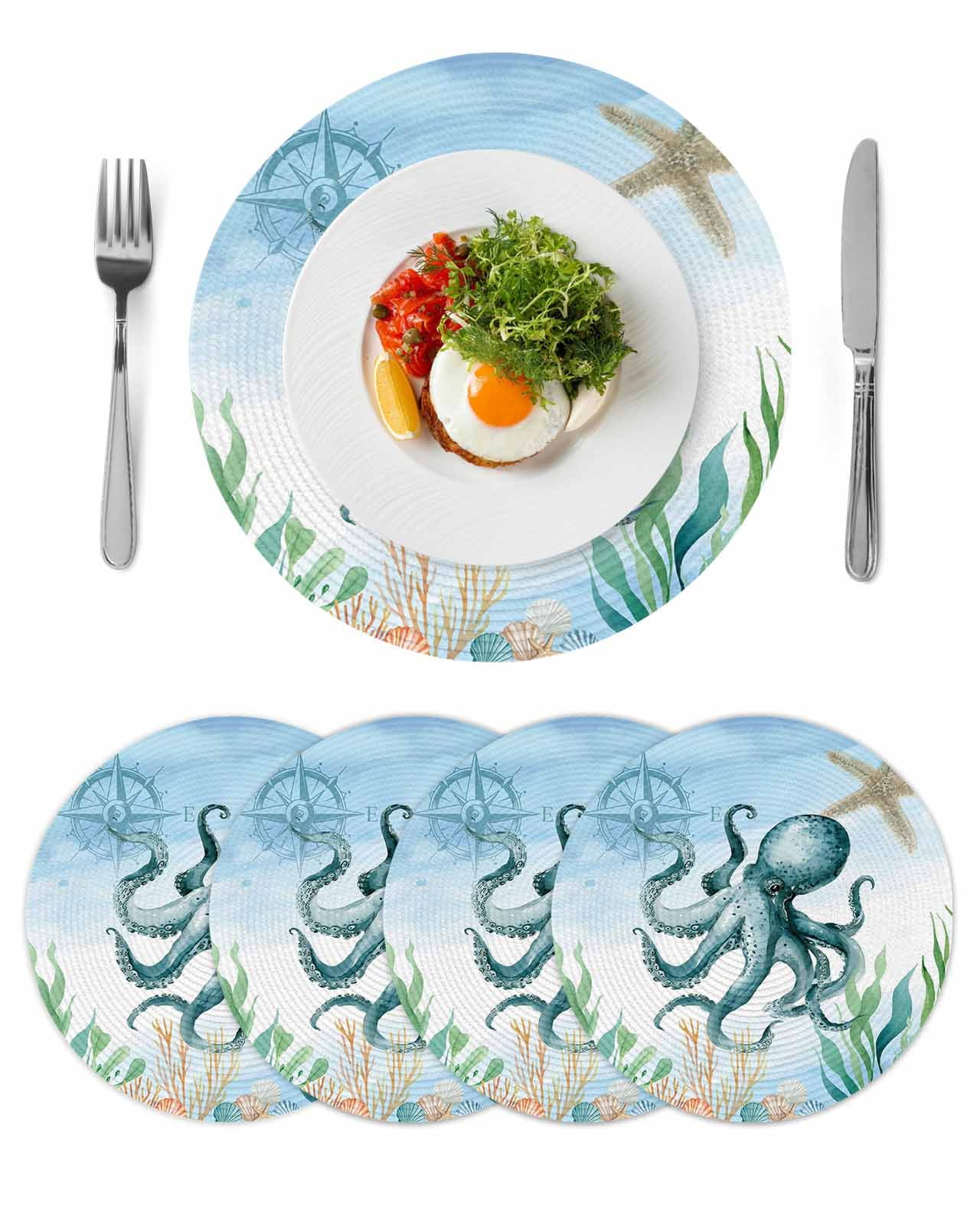 Sea Octopus Compass Round Table Placemats set of 4, Bule Sea Starfish ...