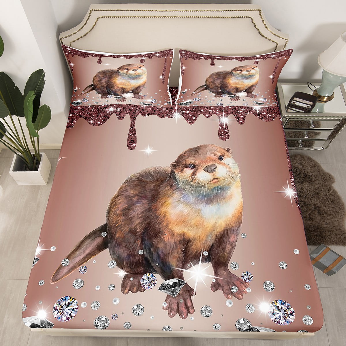 Sea Otter Fitted Sheet Brown Sequin Fluid Art Bed Sheets Full,Crystal ...