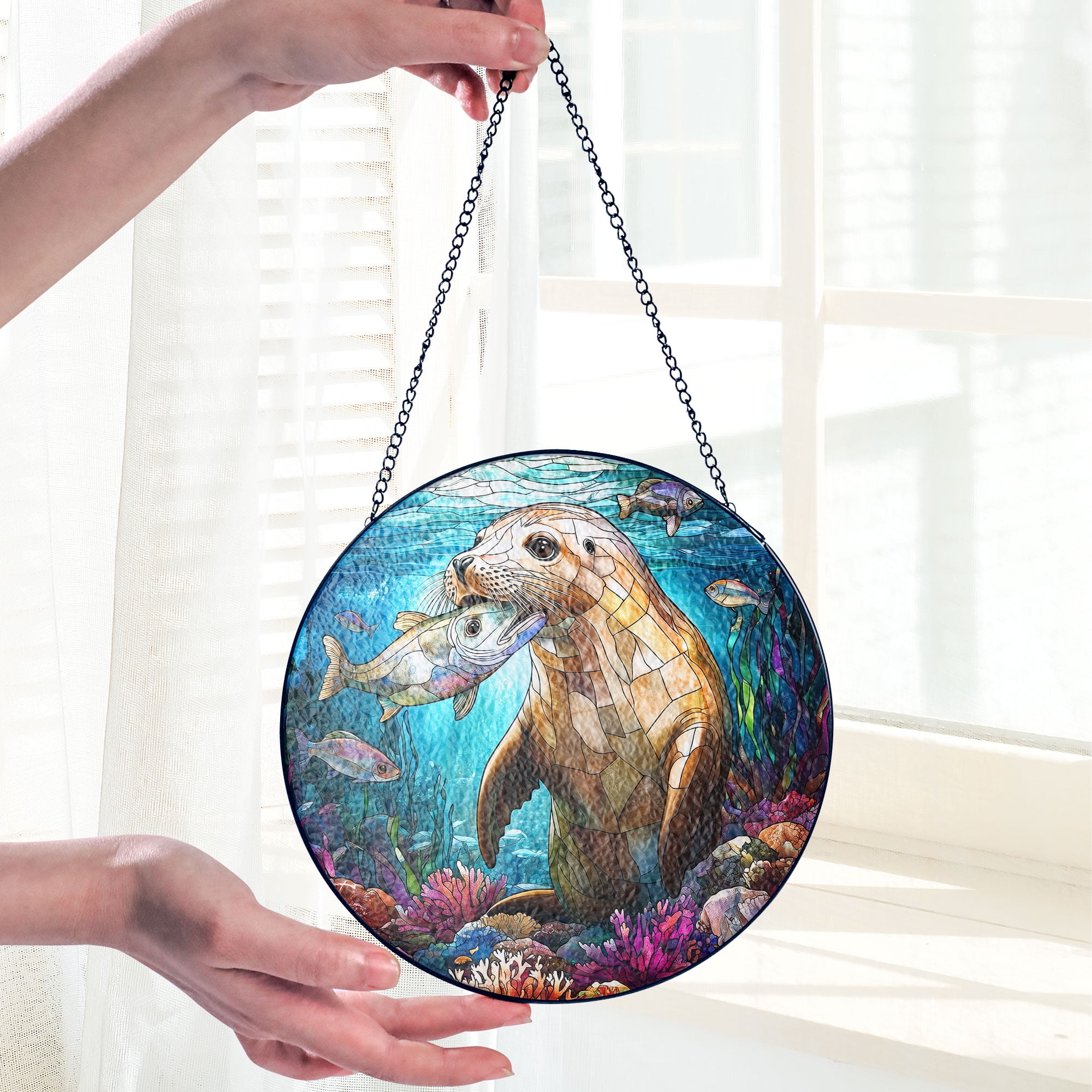 Sea Otter Underwater 2D Flat Stained Glass Window Hanging - Playful ...