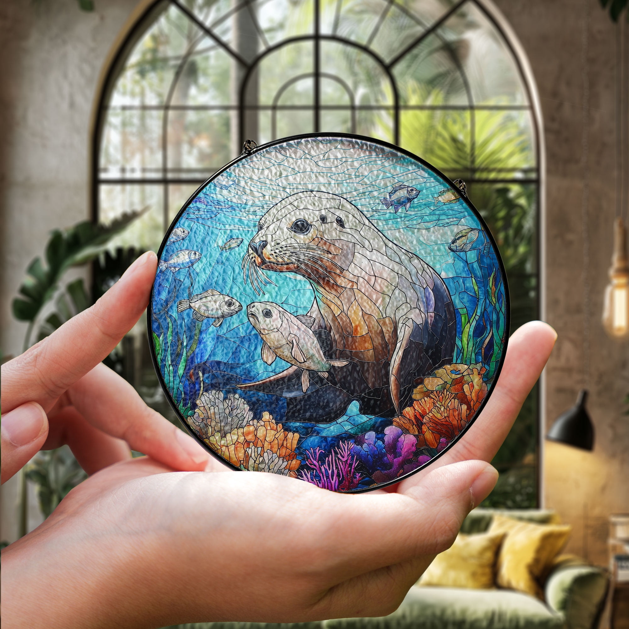 Sea Otter Underwater 2D Flat Stained Glass Window Hanging - Playful ...