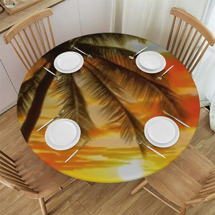 Sea Palm Tree Sunset Round Tablecloth with Elastic Edge, Ocean Nautical ...