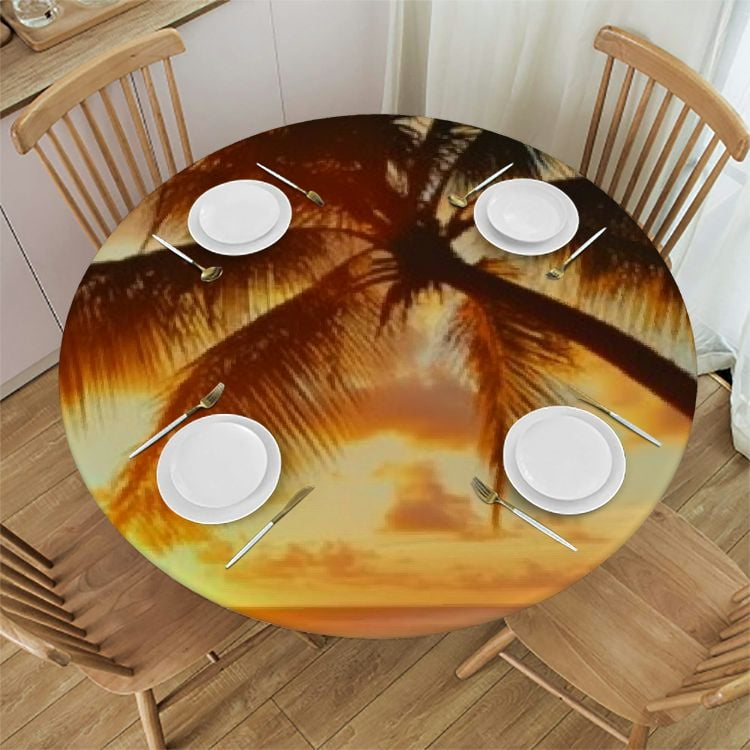 Sea Palm Tree Sunset Round Tablecloth with Elastic Edge, Ocean Nautical ...