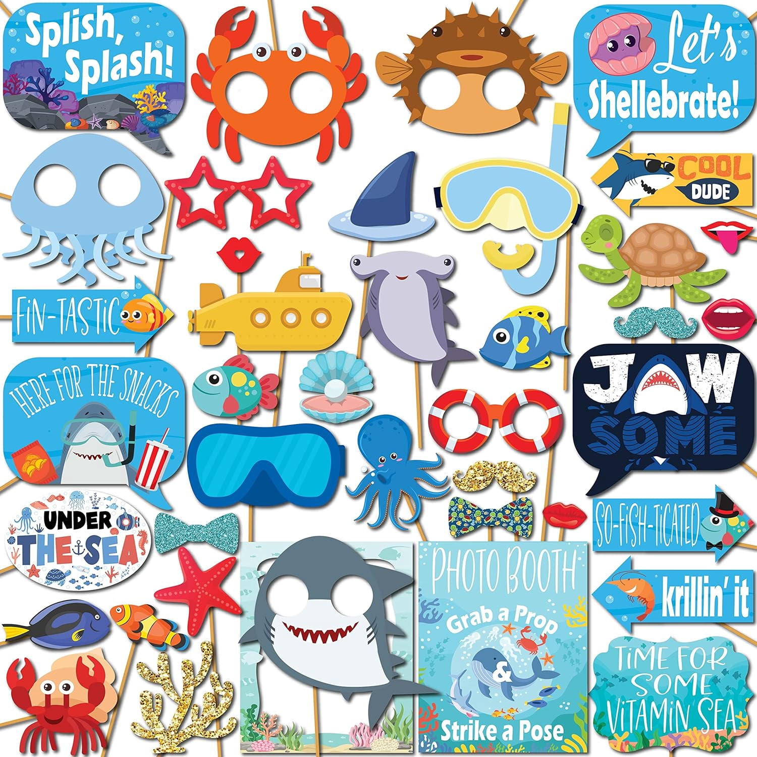 Under The Sea Photo Booth Props - 41-pc Photobooth Kit with 8 x 10-Inch ...
