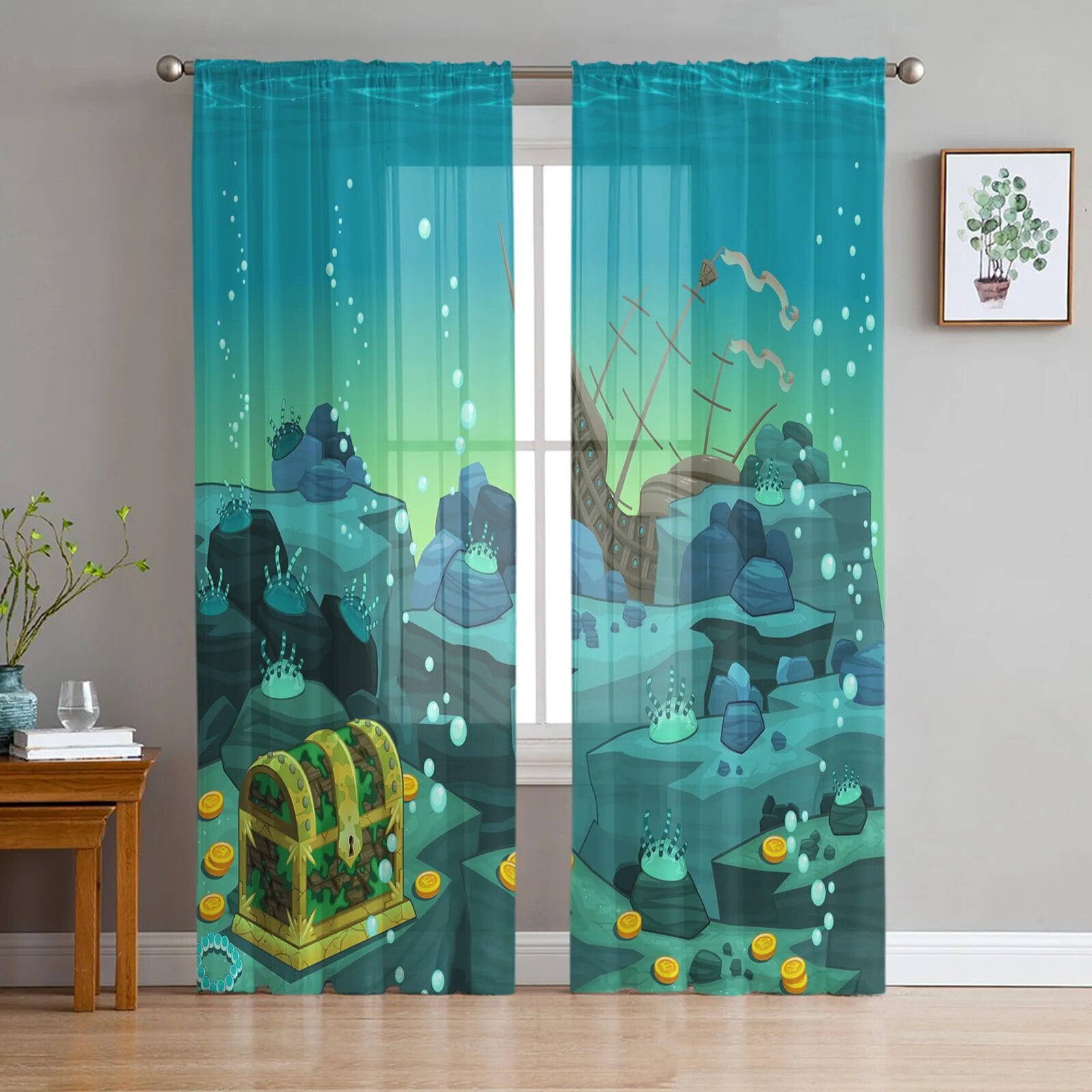 Sea Pirate Ship Gold Coin Modern Print Tulle ative Sheer Curtains for ...