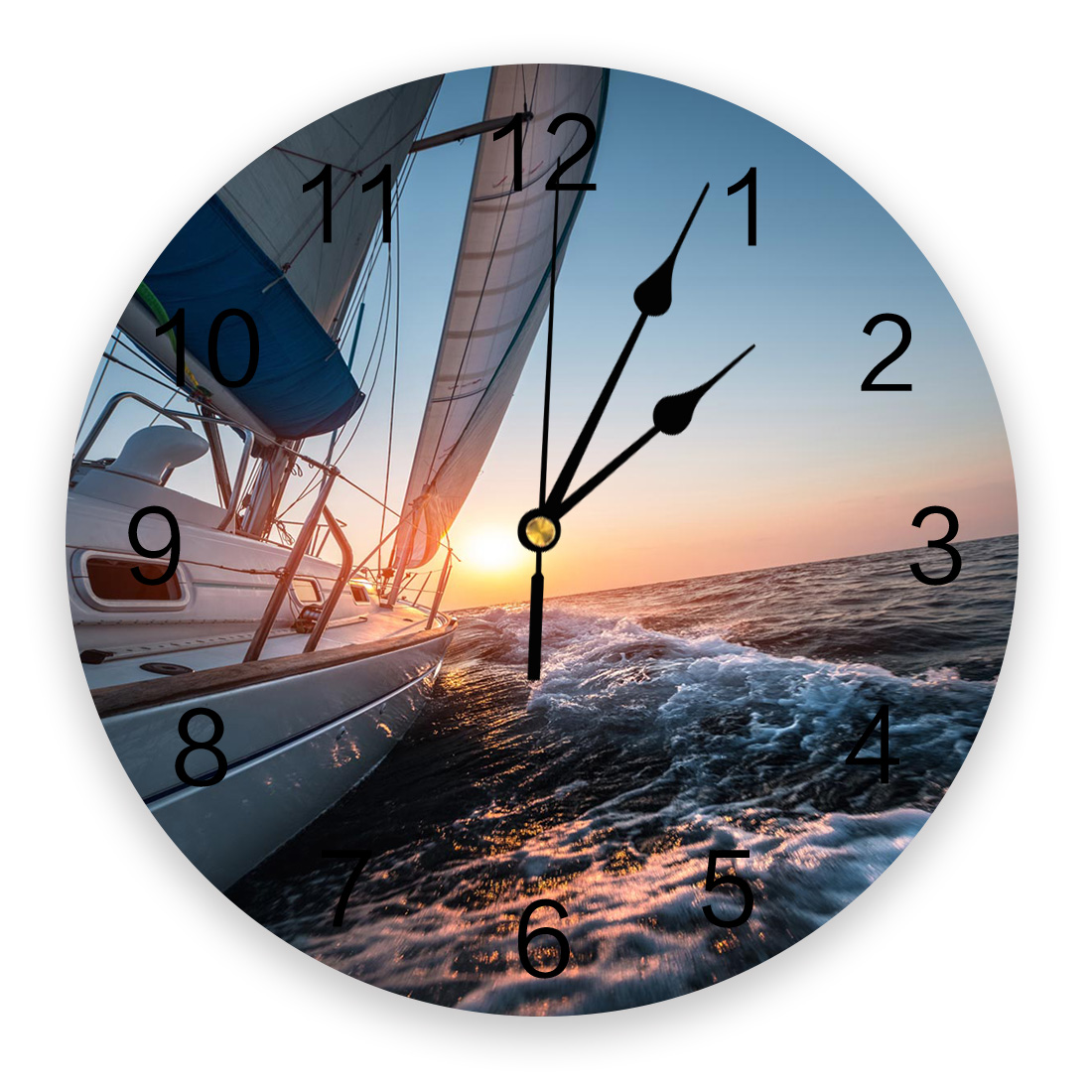 Sea Sailing Boat Blue Sky White Clouds Print Wall Clock Wall Art Silent ...