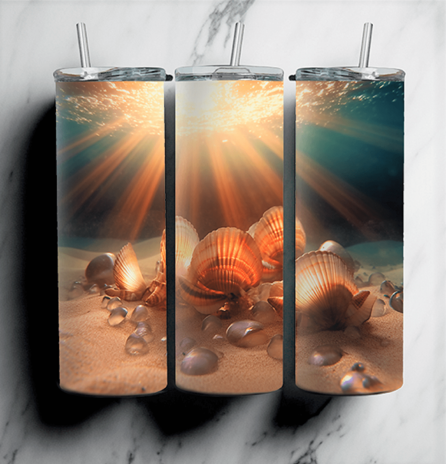 Sea Sand Shells and Sun 20 Oz Skinny Metal Tumbler w/Lid and Straw ...