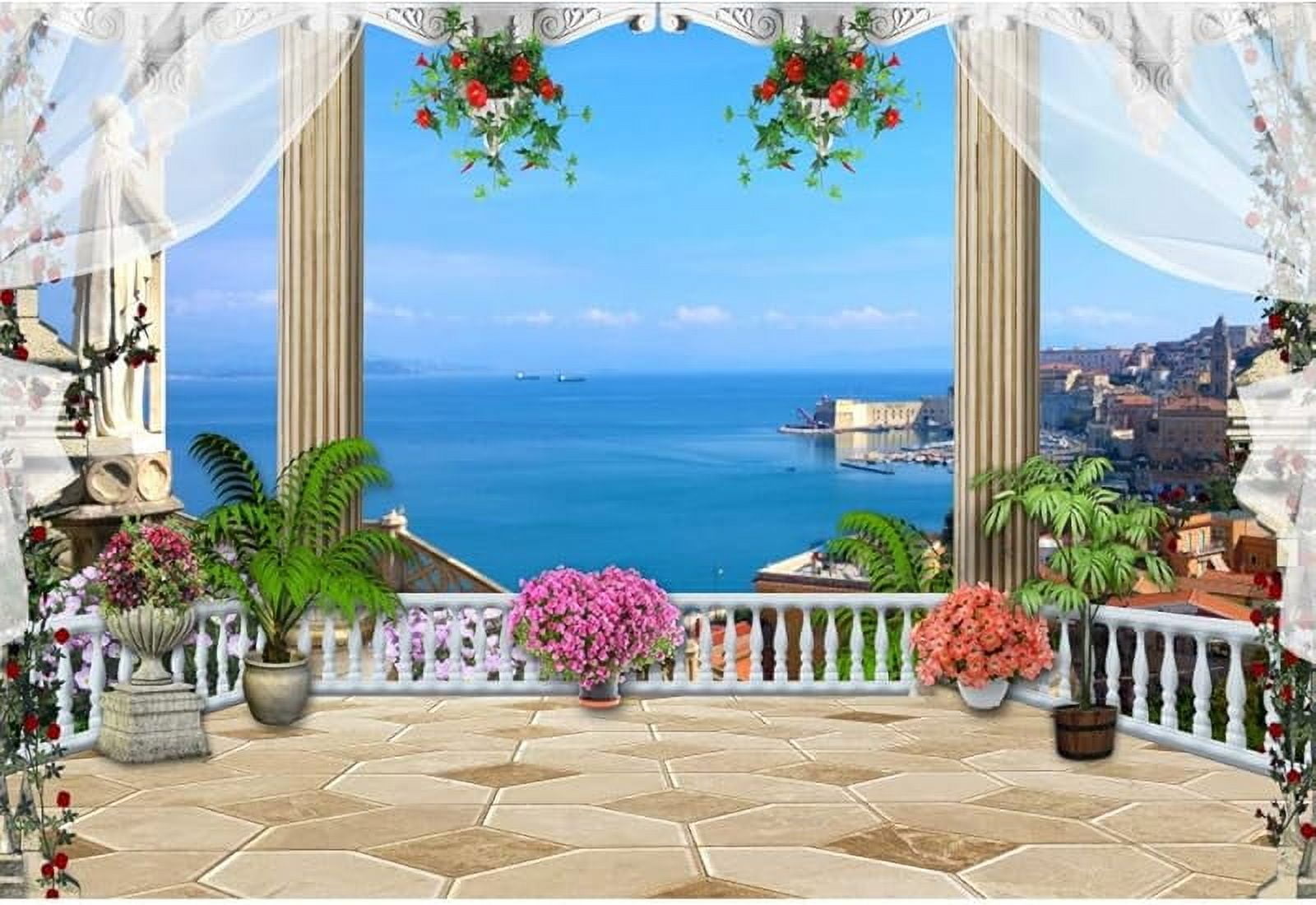 Sea Scene Backdrop Garden Balcony Roman Column Fence Curtain Sky ...