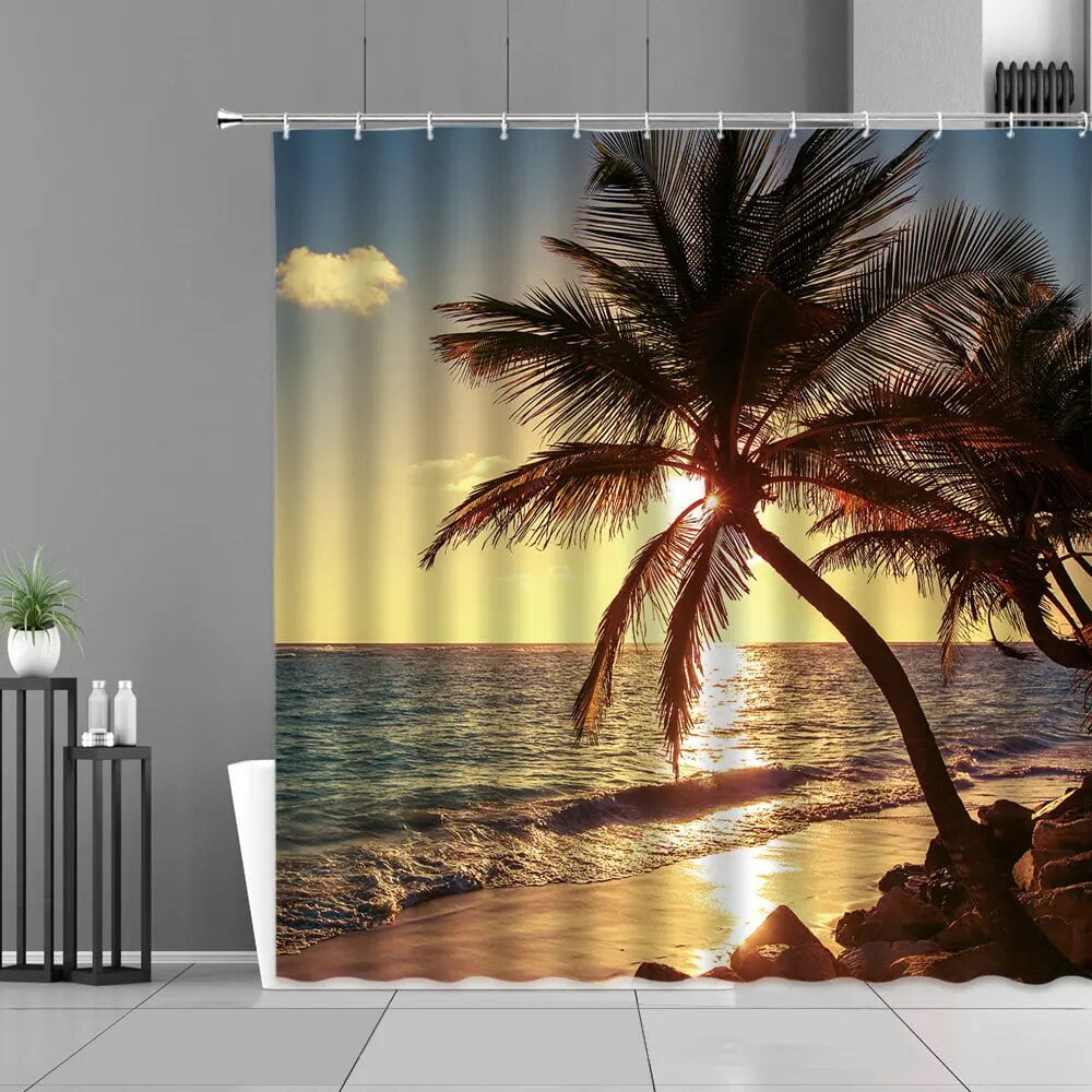 Sea Scenery Coconut Tree Plant Shower Curtains Beach Night Scene Print ...