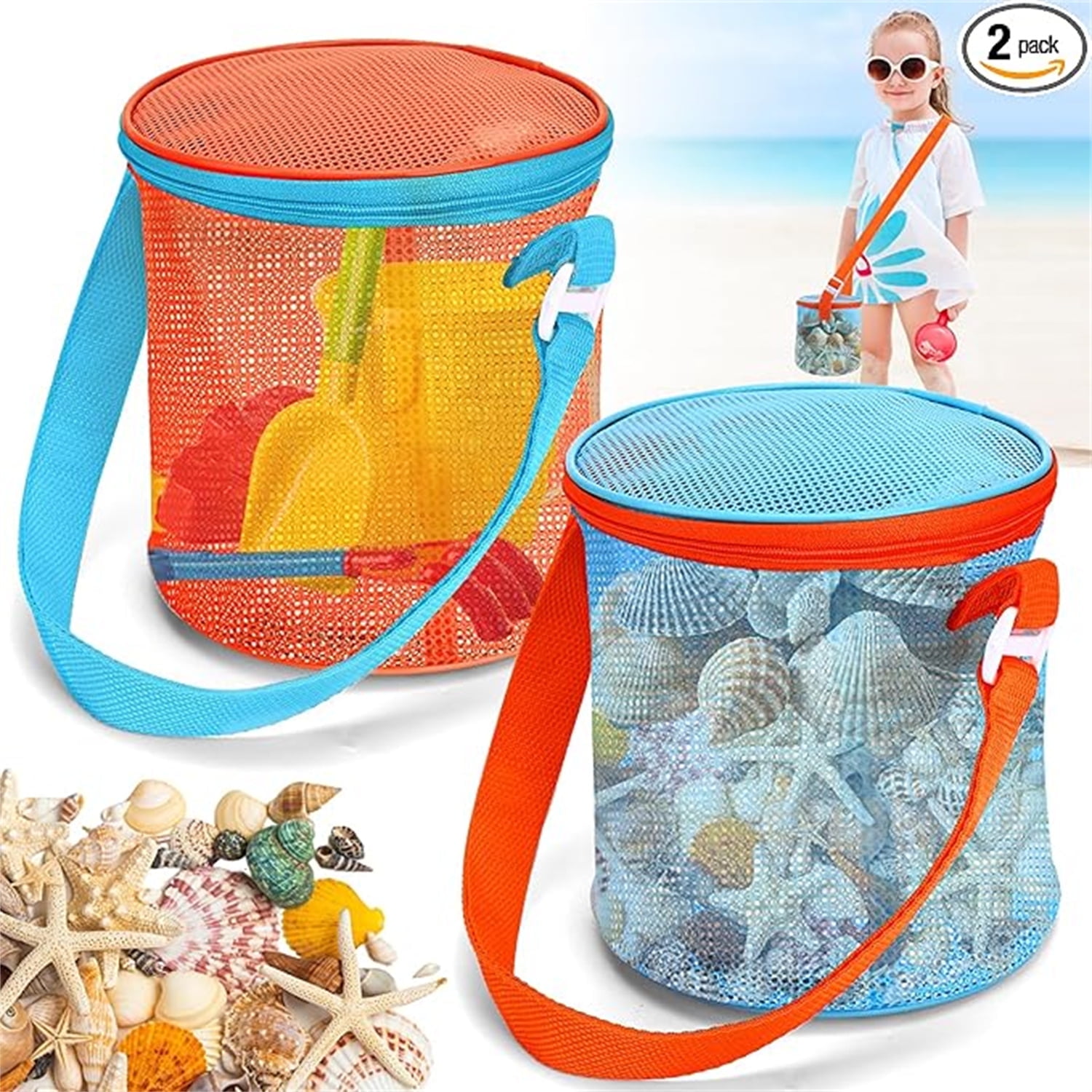 JOWNEEL Beach Pail Set, Mesh Bucket Storage Bags for Shell Collecting ...