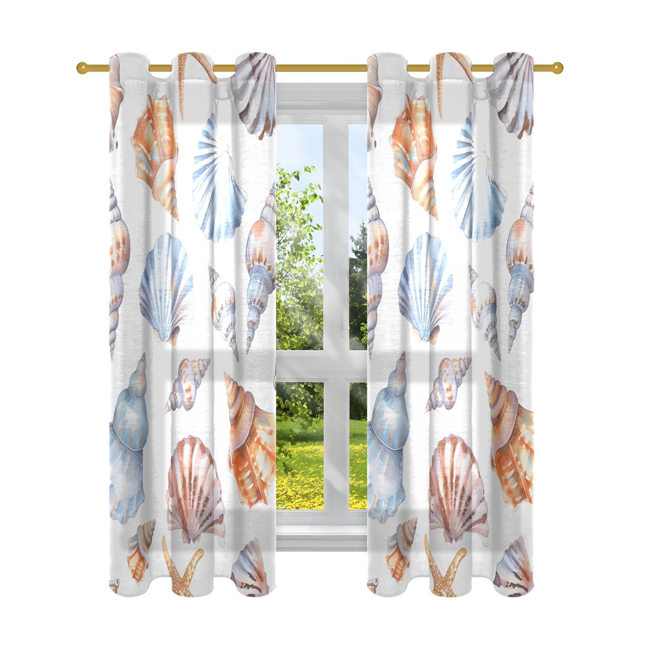 Sea Shell Coach Faux Linen Curtains Semi Sheer 2 Panels Voile Sheer ...