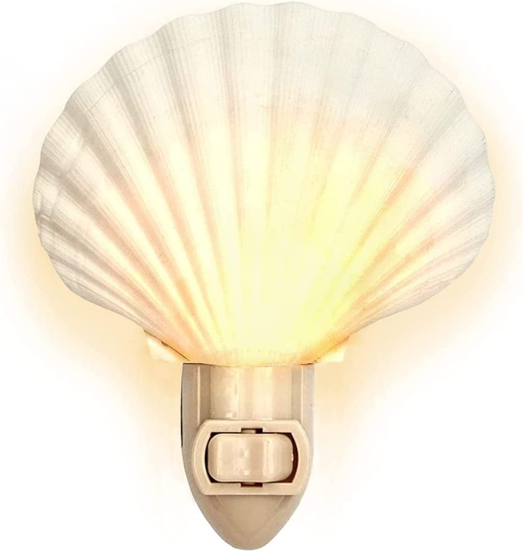 Coastal Home Decor - White Clam Seashell Night Light Plug-in Lamp for ...