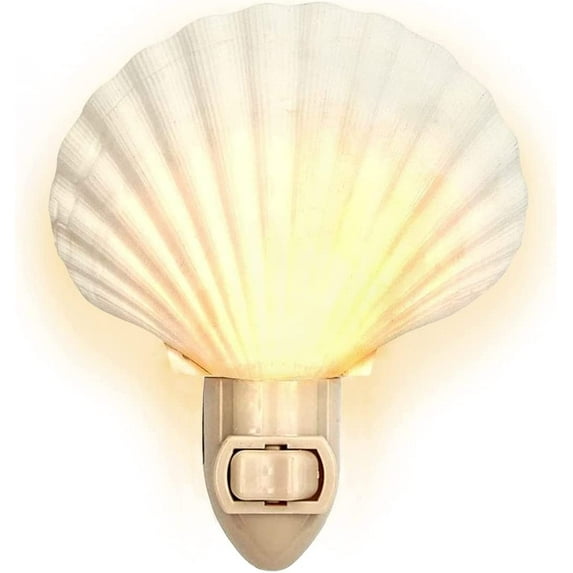 Coastal Home Decor - White Clam Seashell Night Light Plug-in Lamp for ...