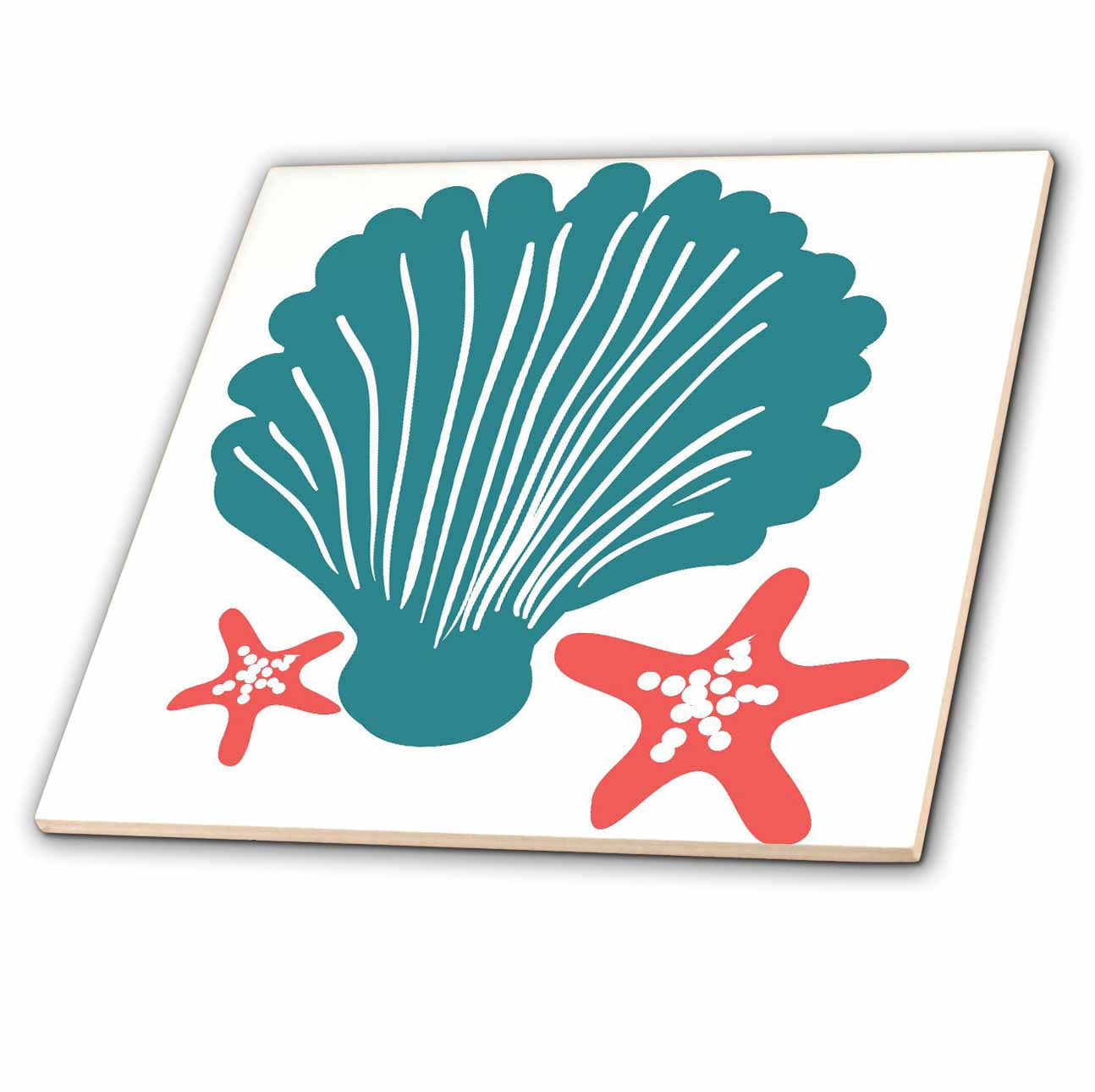 Sea Shell and Starfish in Coral Pink and Teal 4 Inch Ceramic Tile ct ...