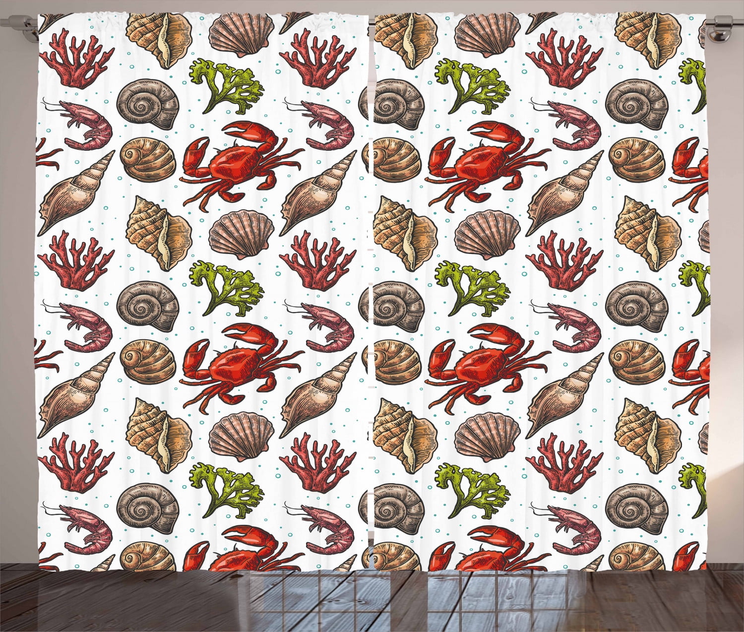 Ambesonne Sea Shells Curtains 2 Panel Set, Maritime Shrimps, 108" x 63 ...