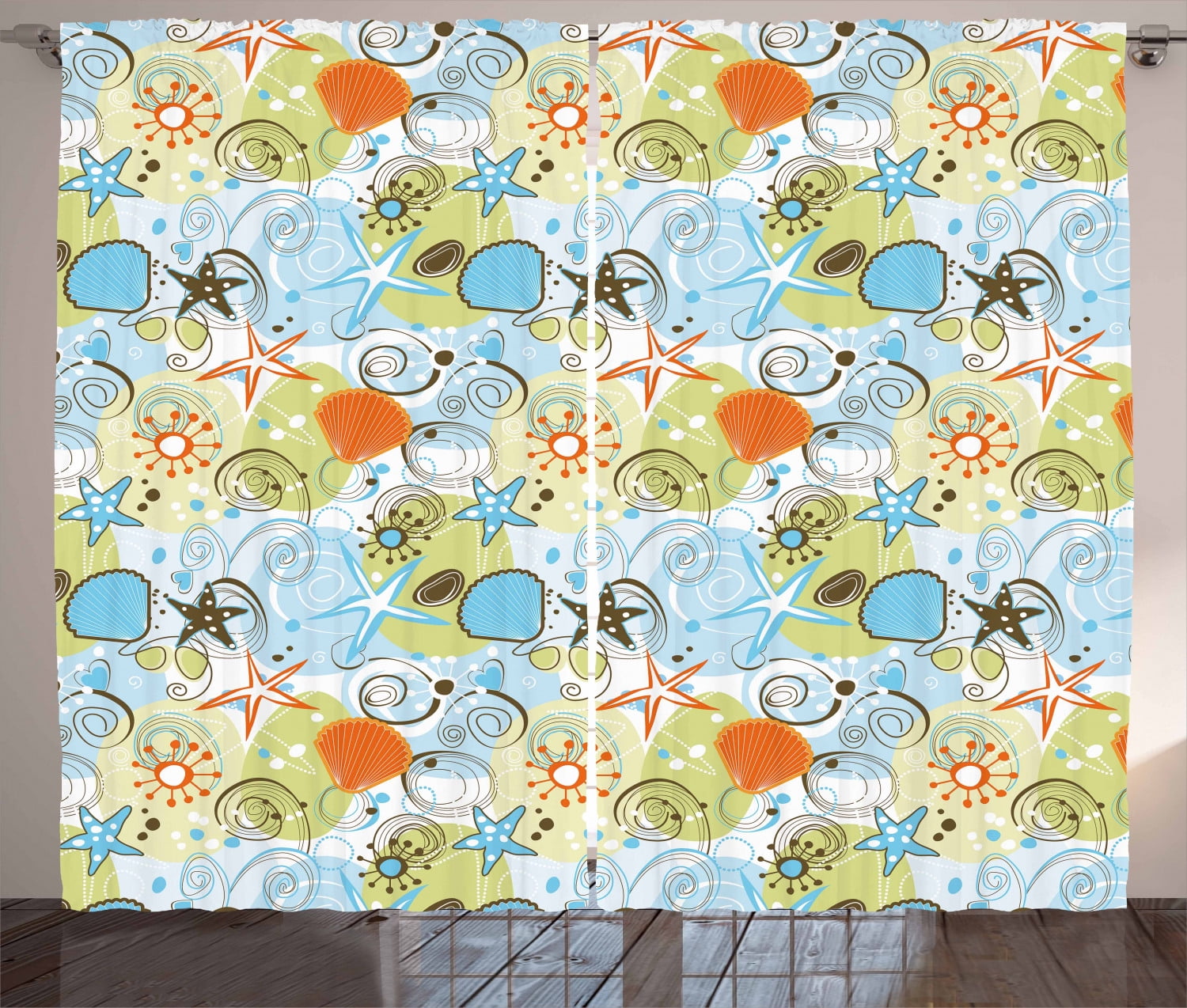 Ambesonne Sea Shells Curtains 2 Panel Set, Retro Beach Pattern, 108" x ...