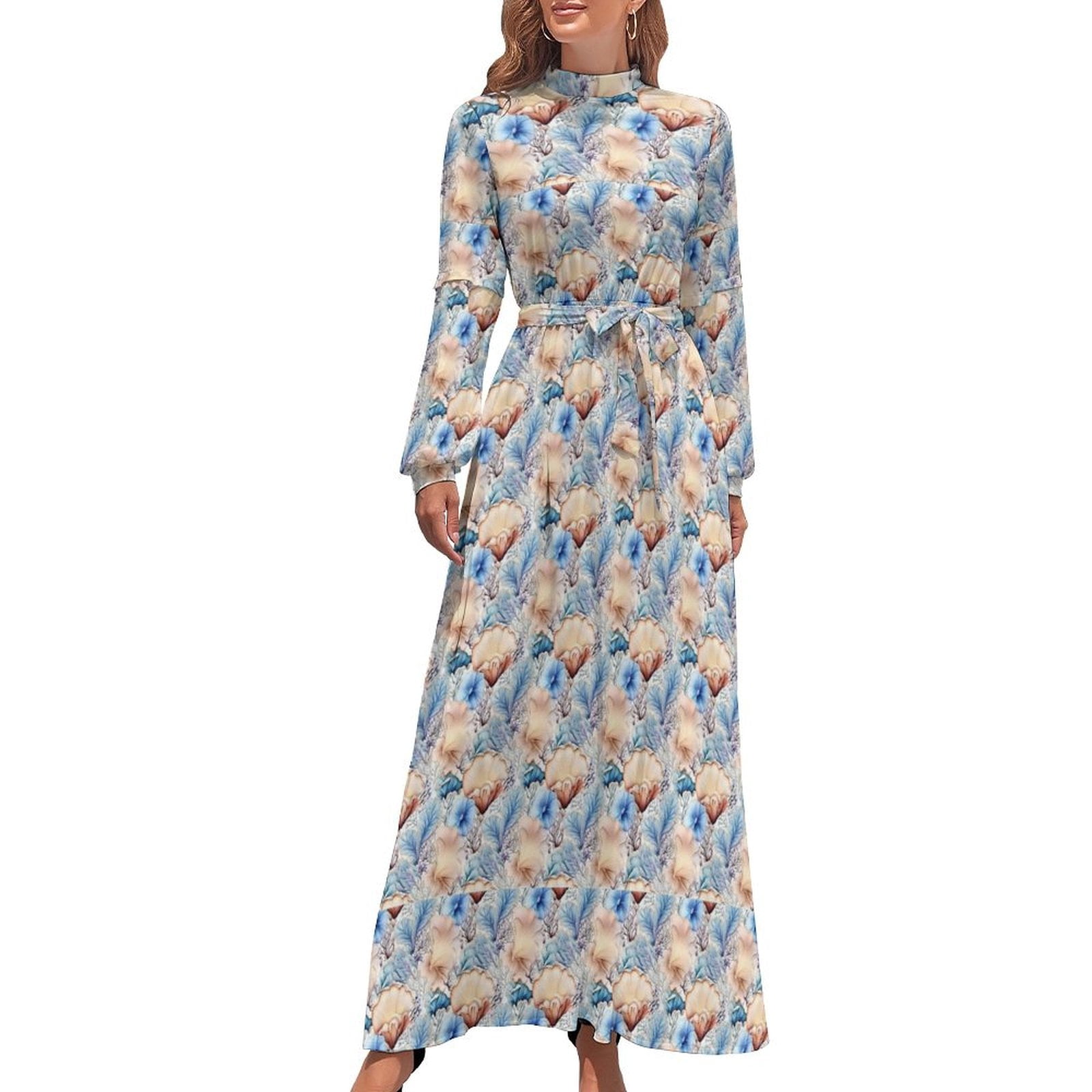 Sea Shells Dress Animal Print Graphic Maxi Dress High Neck Long Sleeve ...