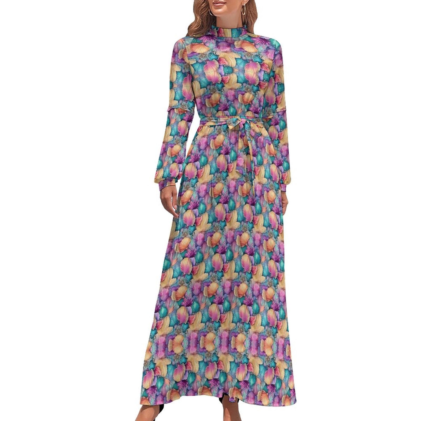 Sea Shells Dress Animal Print Graphic Maxi Dress High Neck Long Sleeve ...