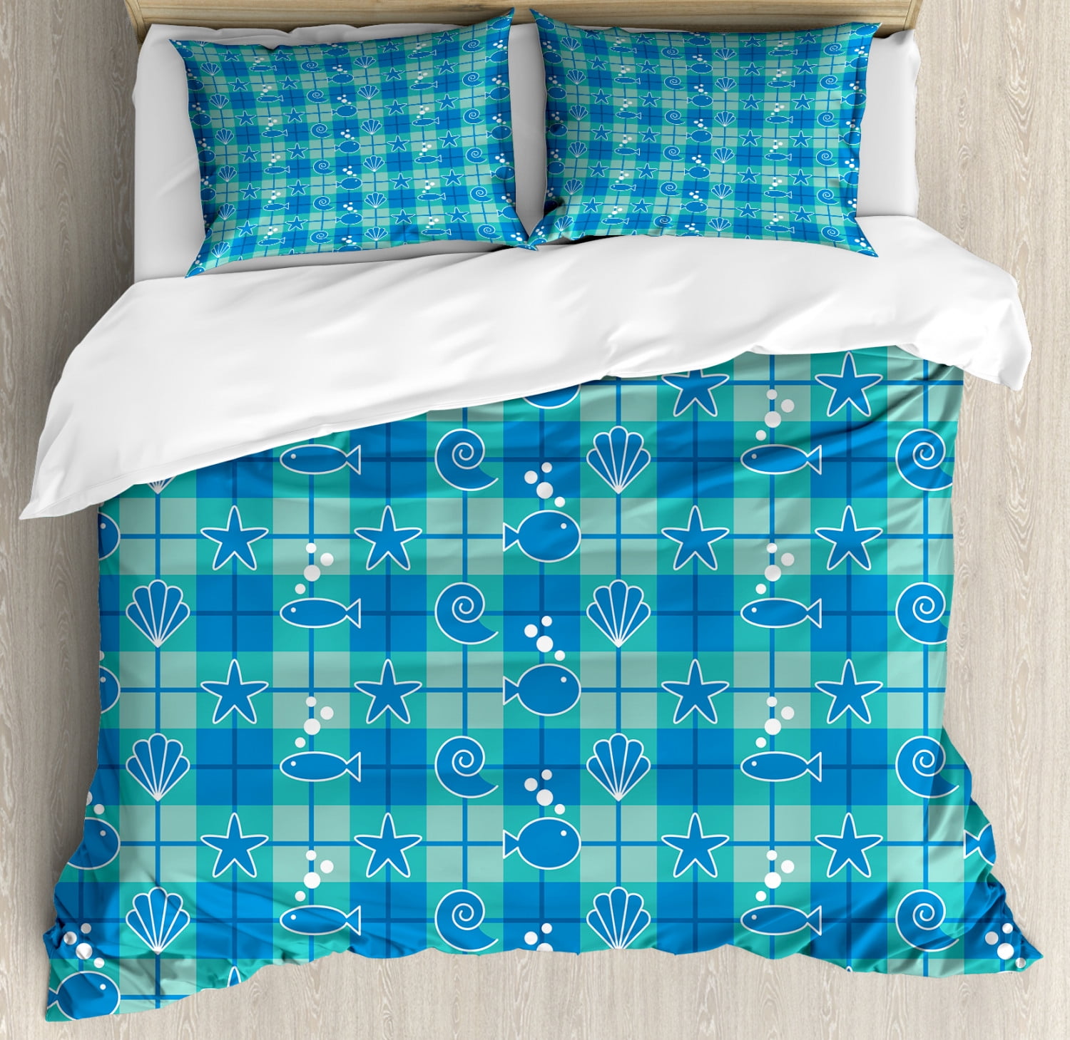 Sea Shells Duvet Cover Set Queen Size, Plaid Pattern with Cartoon ...