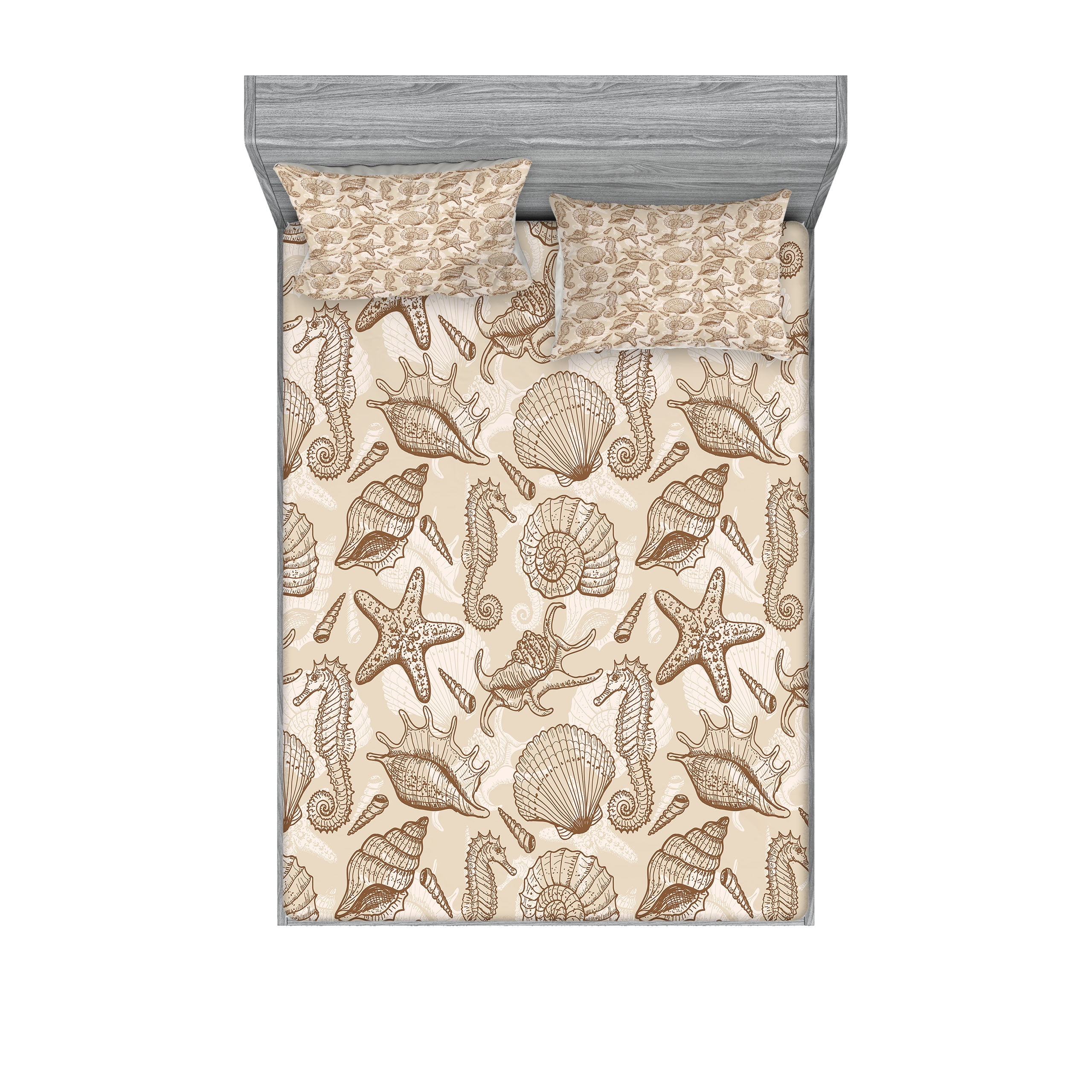 Sea Shells Fitted Sheet & Pillow Sham Set, Vintage Inspired Monochrome ...