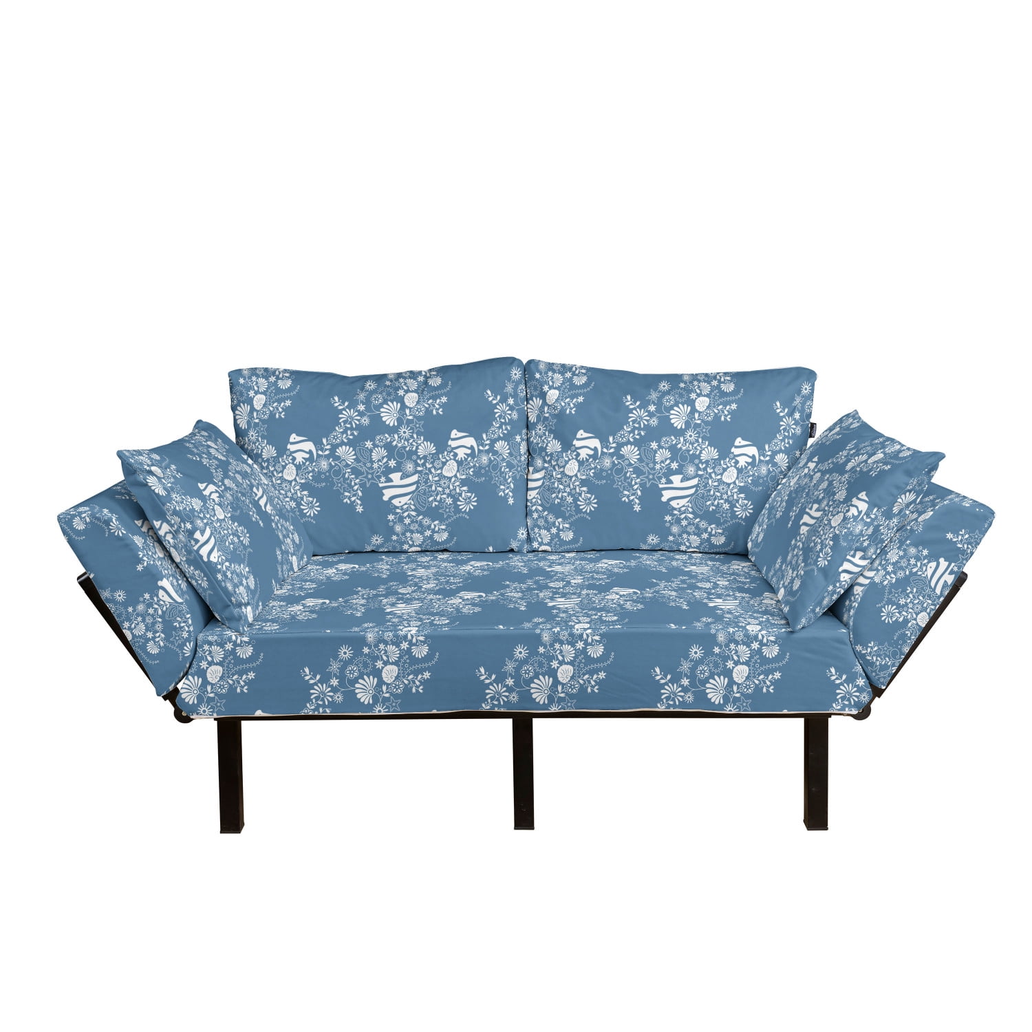 Sea Shells Futon Couch, Floral Arrangement with Fishes Abstract Marine ...