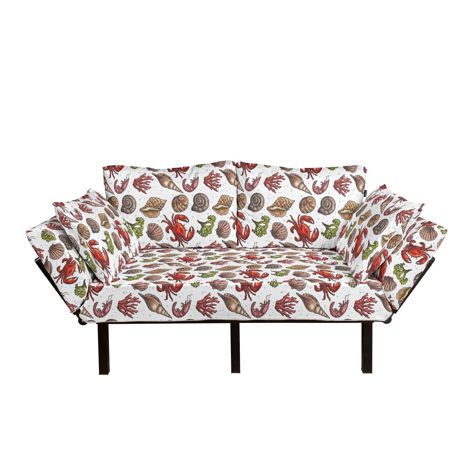 Sea Shells Futon Couch, Maritime Pattern Shrimp Crab and Coral Design ...