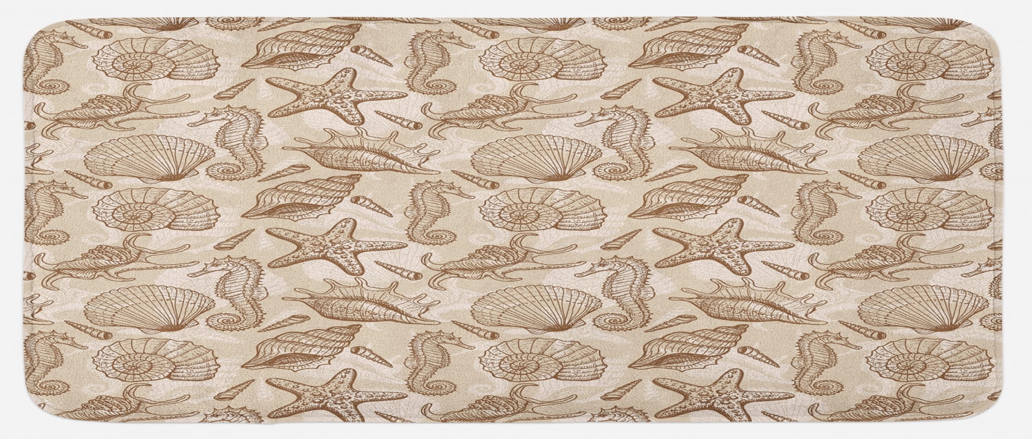 Sea Shells Kitchen Mat, Vintage Inspired Monochrome Seashell Pattern ...