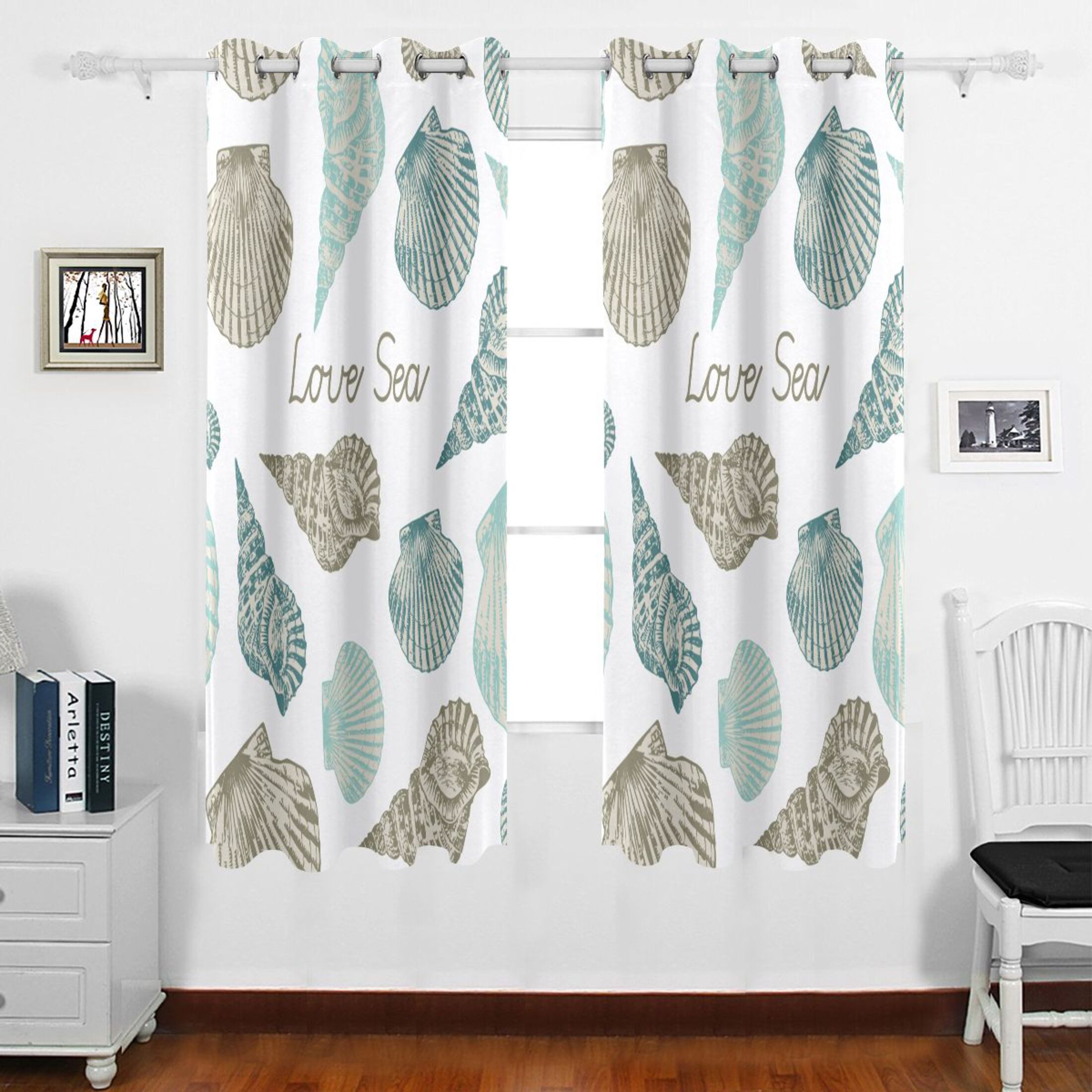 Sea Shells Pattern Grommet Blackout Curtains Thermal Insulated Window ...