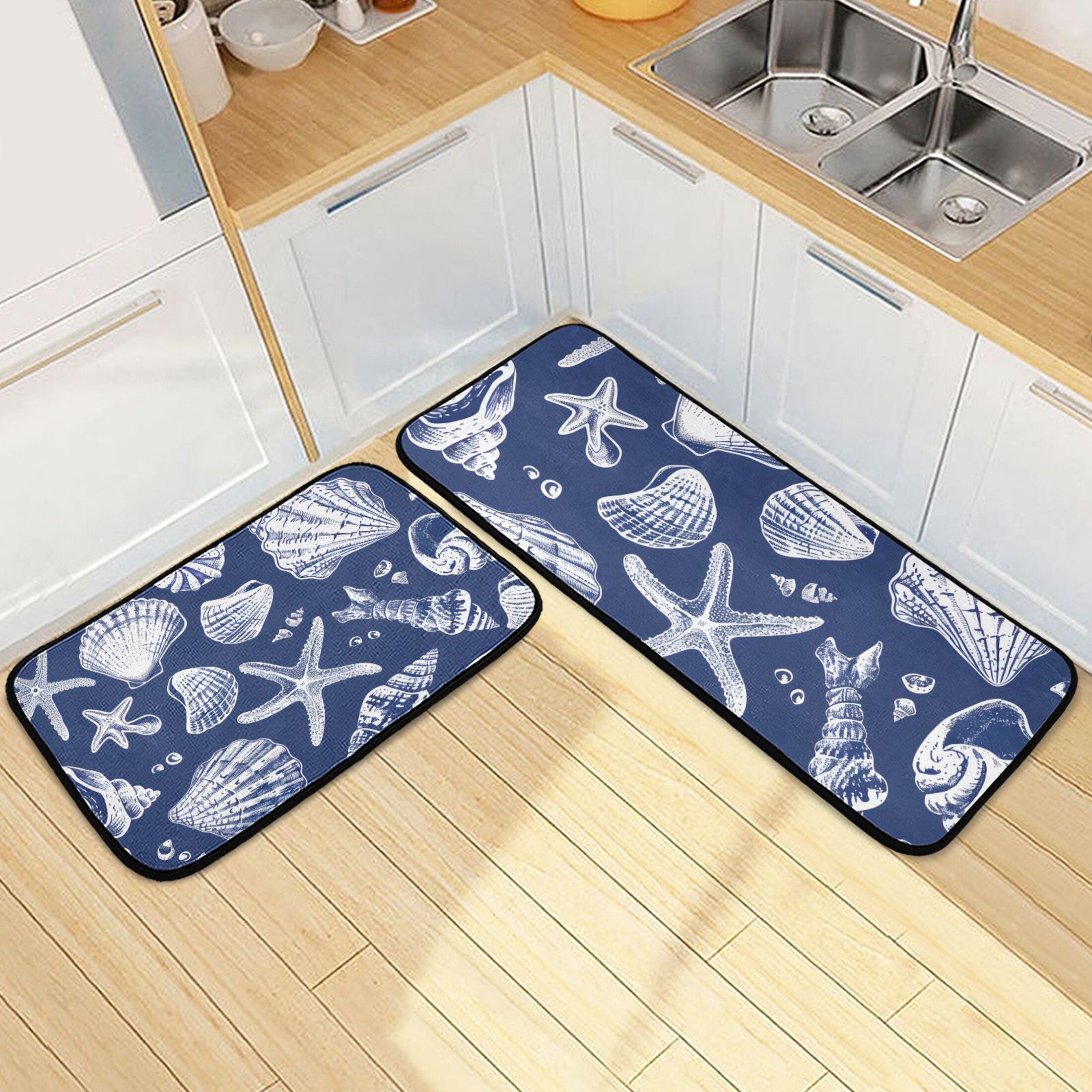 Sea Shells Seastars Kitchen Rugs Set of 2 Non Slip Floor Foam Mat ...