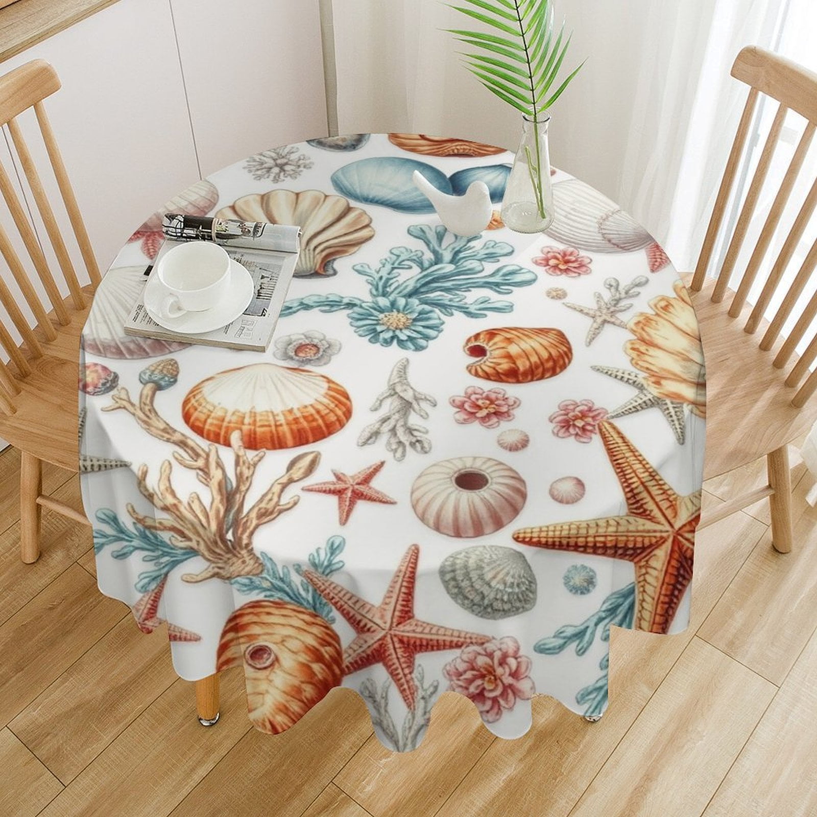 Sea Shells Starfish Coral Tablecloth Round Washable Polyester ...