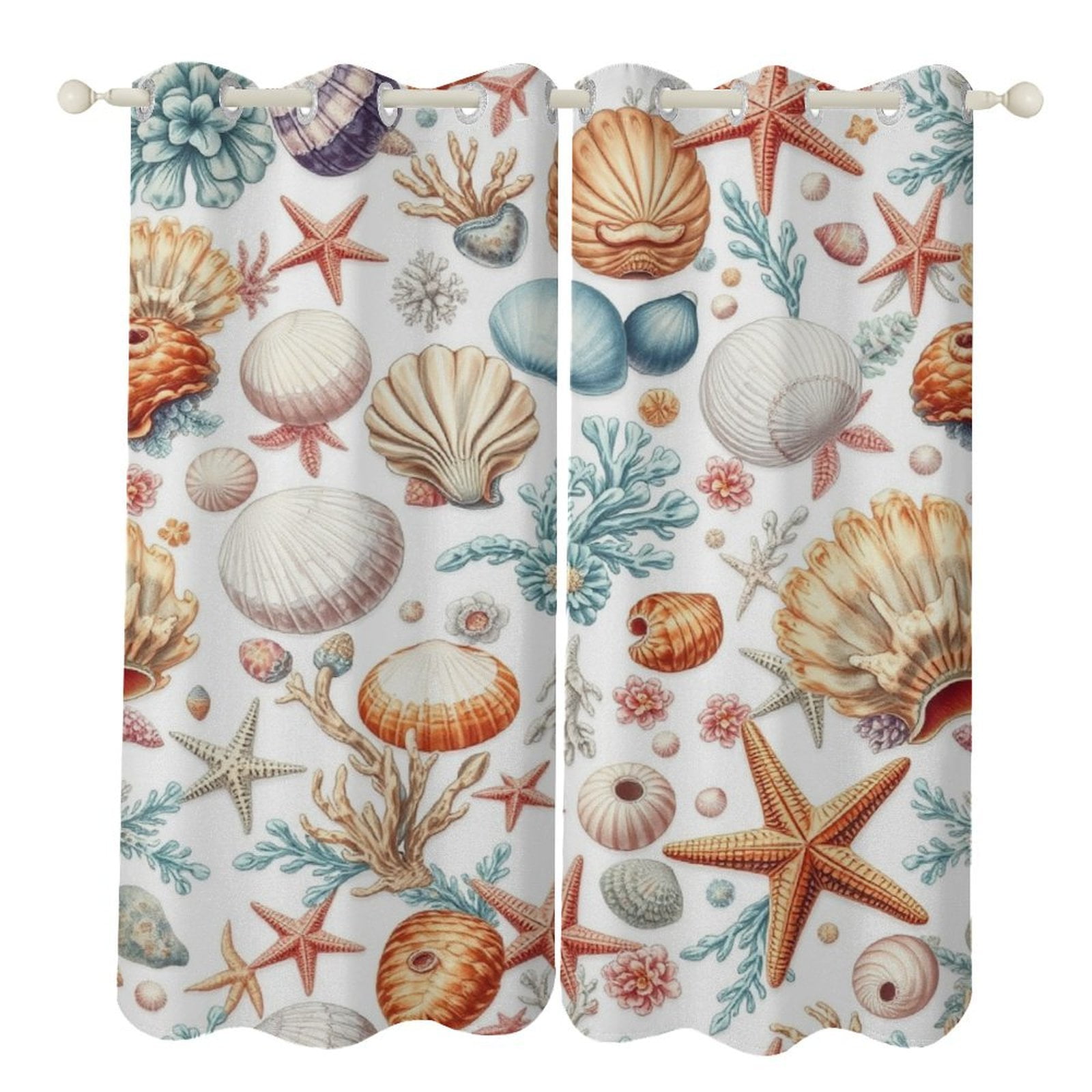 Sea Shells Starfish Coral Window Curtains Drapes Bedroom Living Room ...
