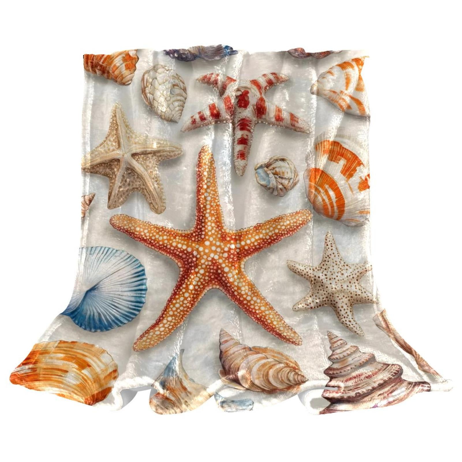 Sea Shells Starfish and Conch Plush Throw Blanket for Couch 59" x 79 ...