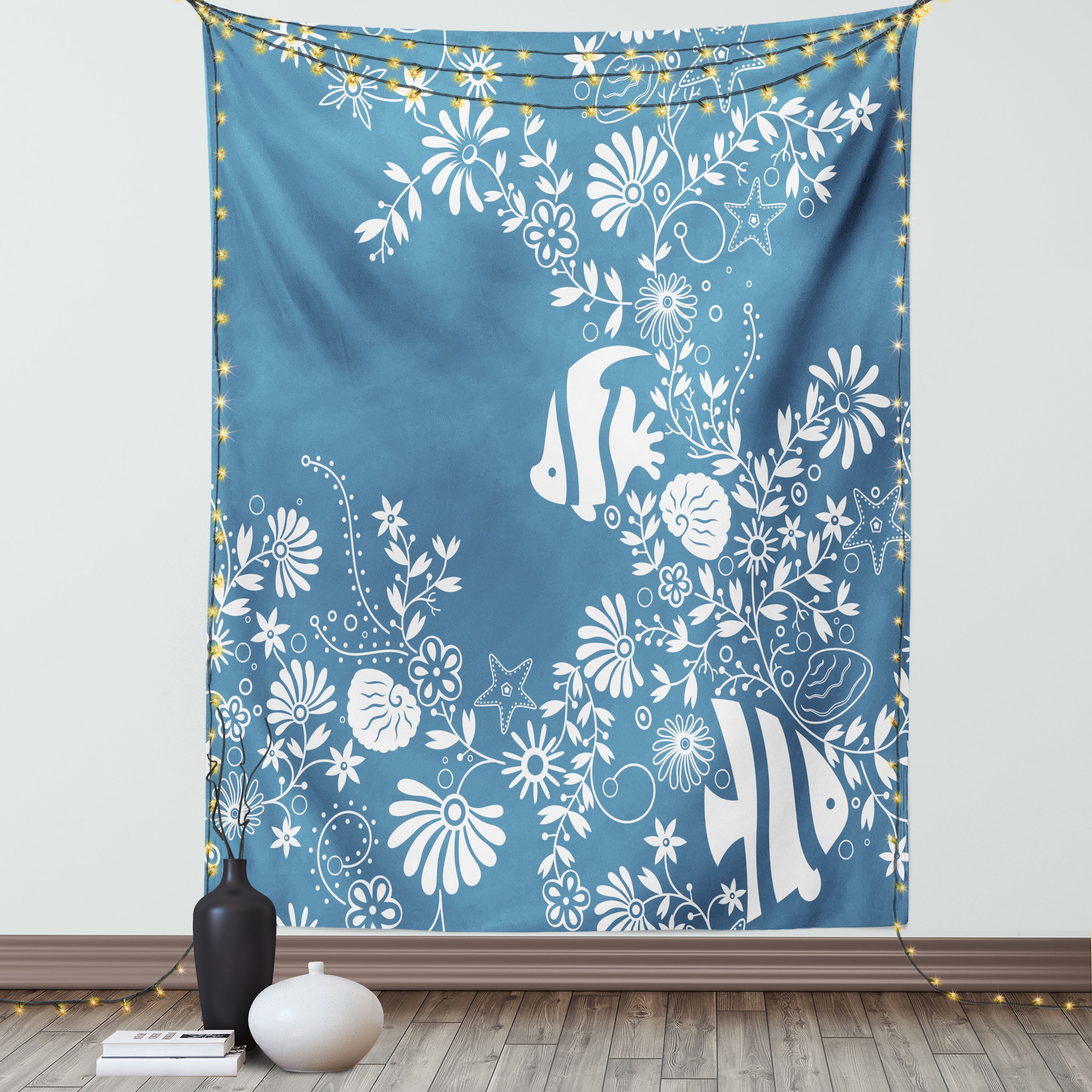 Sea Shells Tapestry, Floral Arrangement with Fishes Abstract Marine and ...