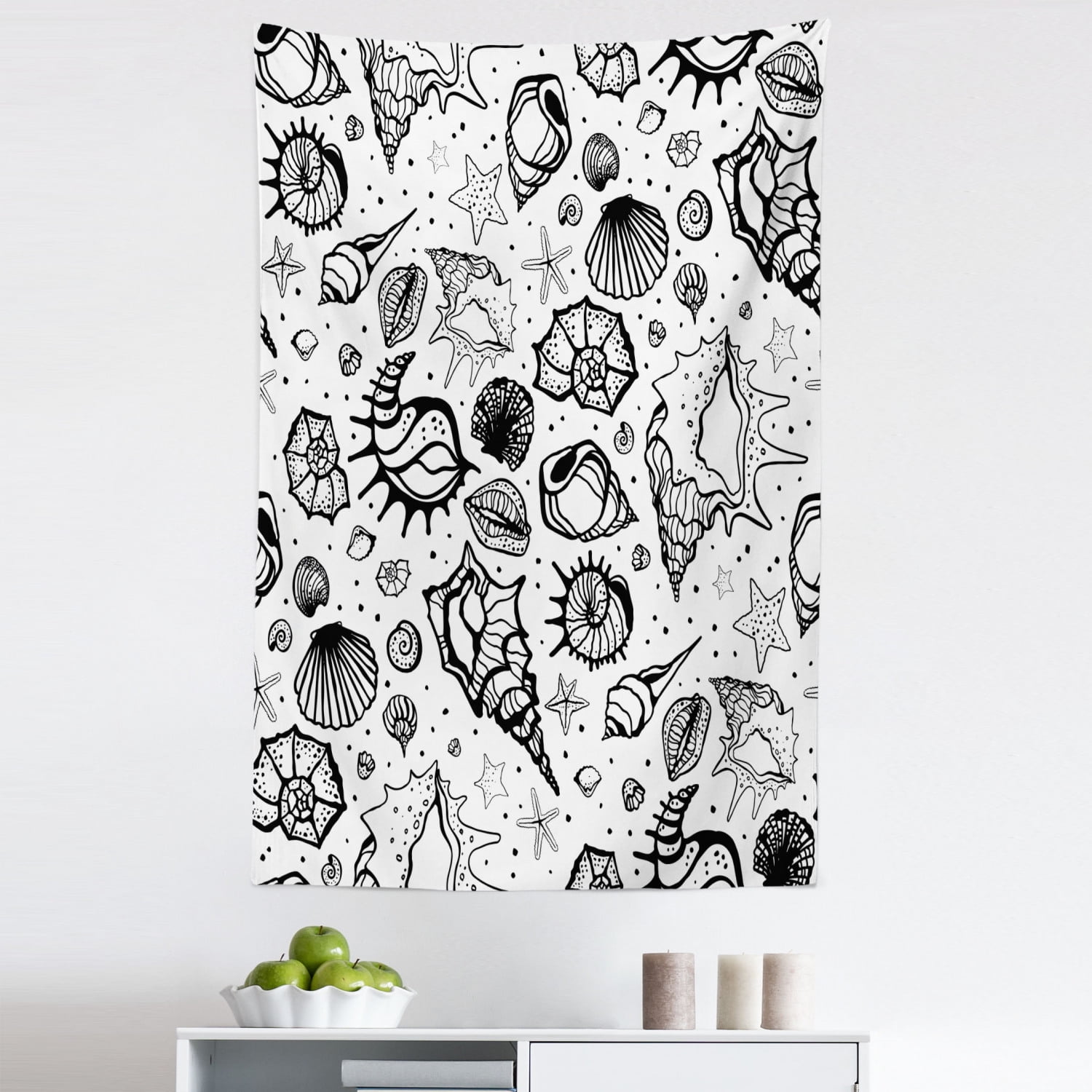 Sea Shells Tapestry, Hand Drawn Monochrome Aquatic Elements with Dotted ...