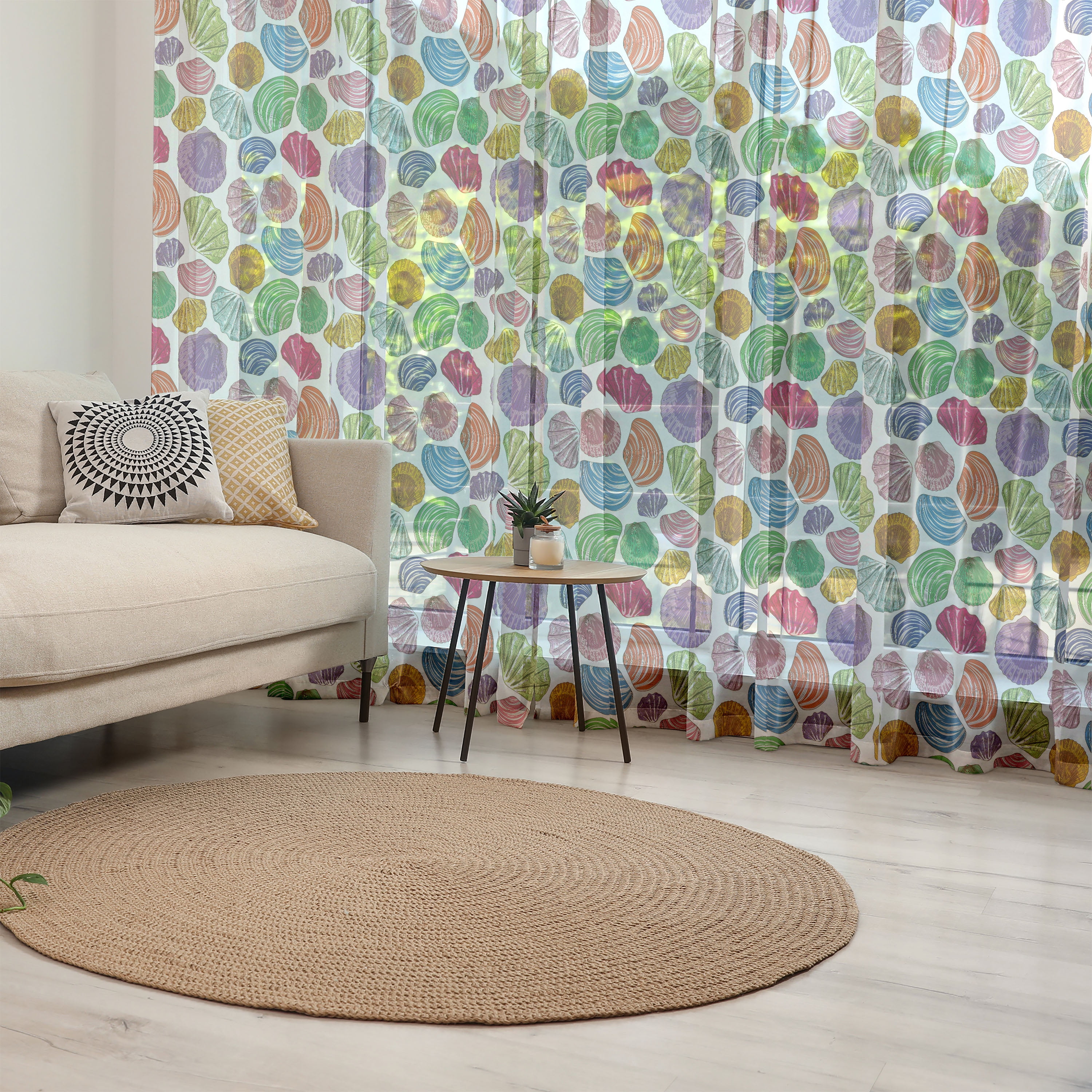 Sea Shells Tulle Curtains with Rod Pocket, Colorful Hand Drawn Shells ...