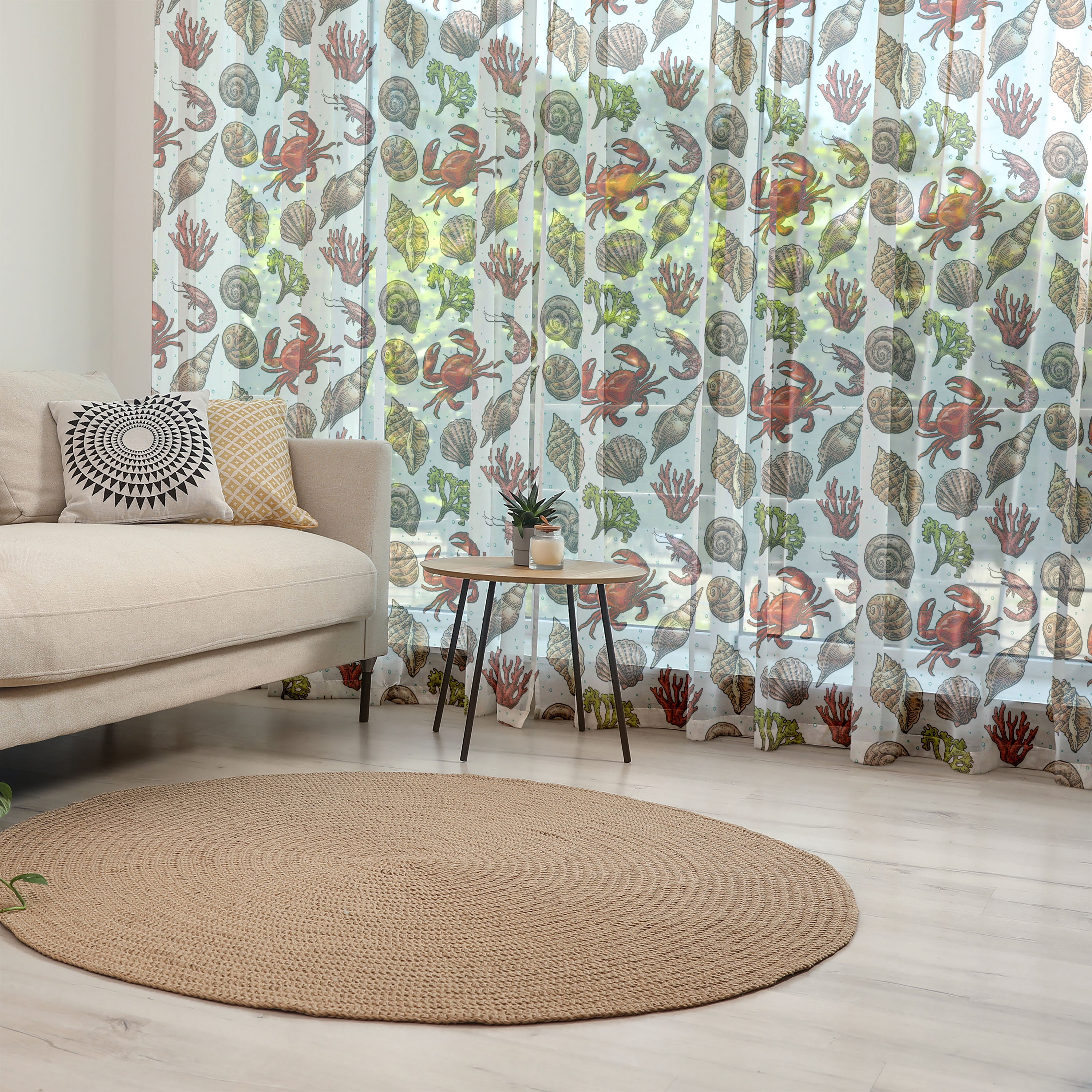 Sea Shells Tulle Curtains with Rod Pocket, Maritime Pattern Shrimp Crab ...