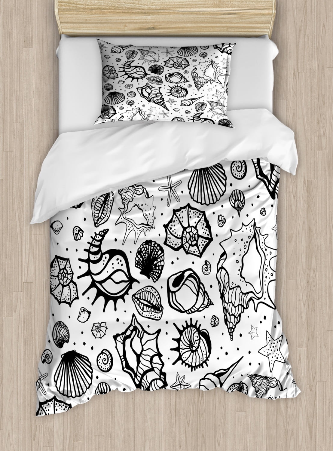 Sea Shells Twin Size Duvet Cover Set, Hand Drawn Monochrome Aquatic ...