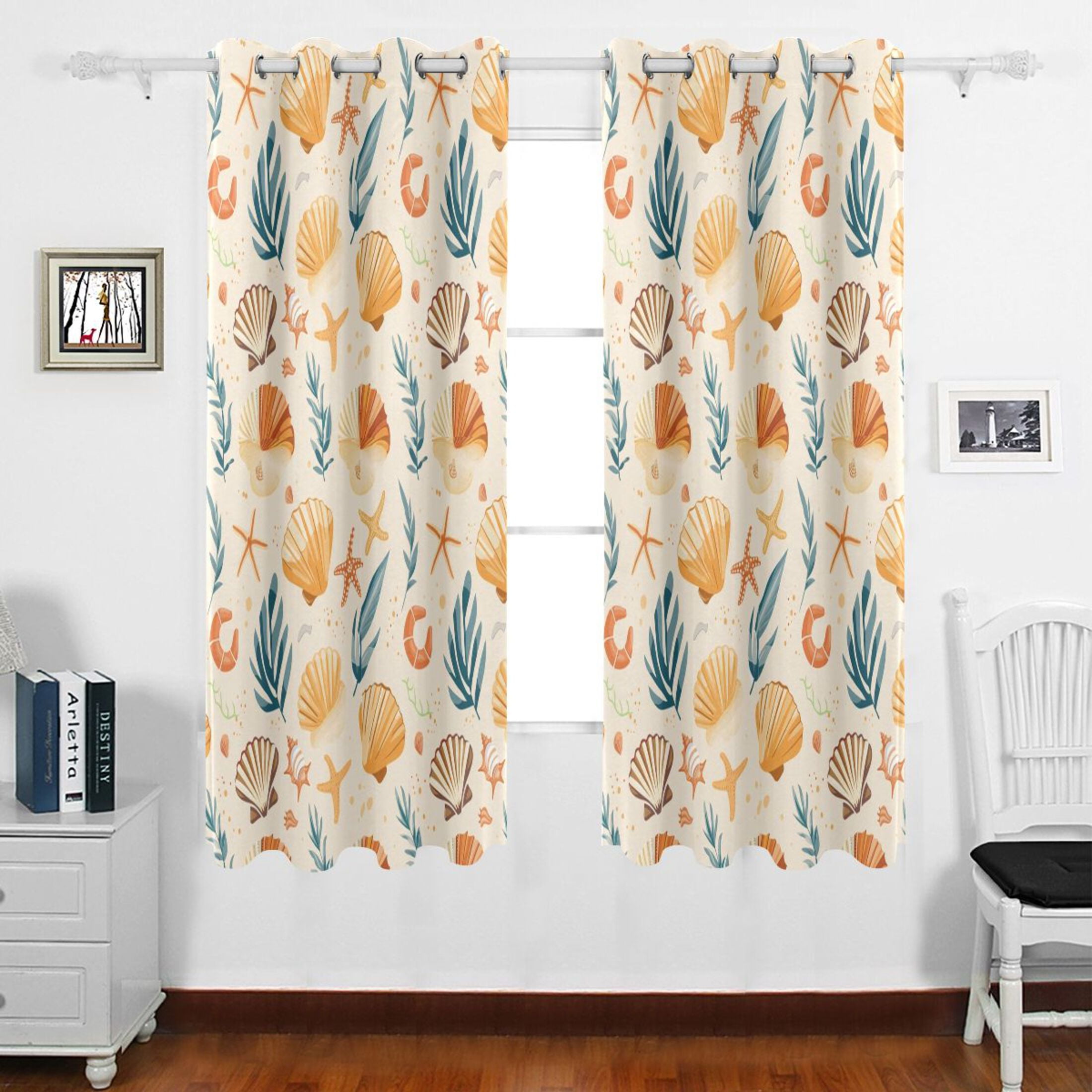 Sea Shells and Palm Leaves Grommet Blackout Curtains Thermal Insulated ...